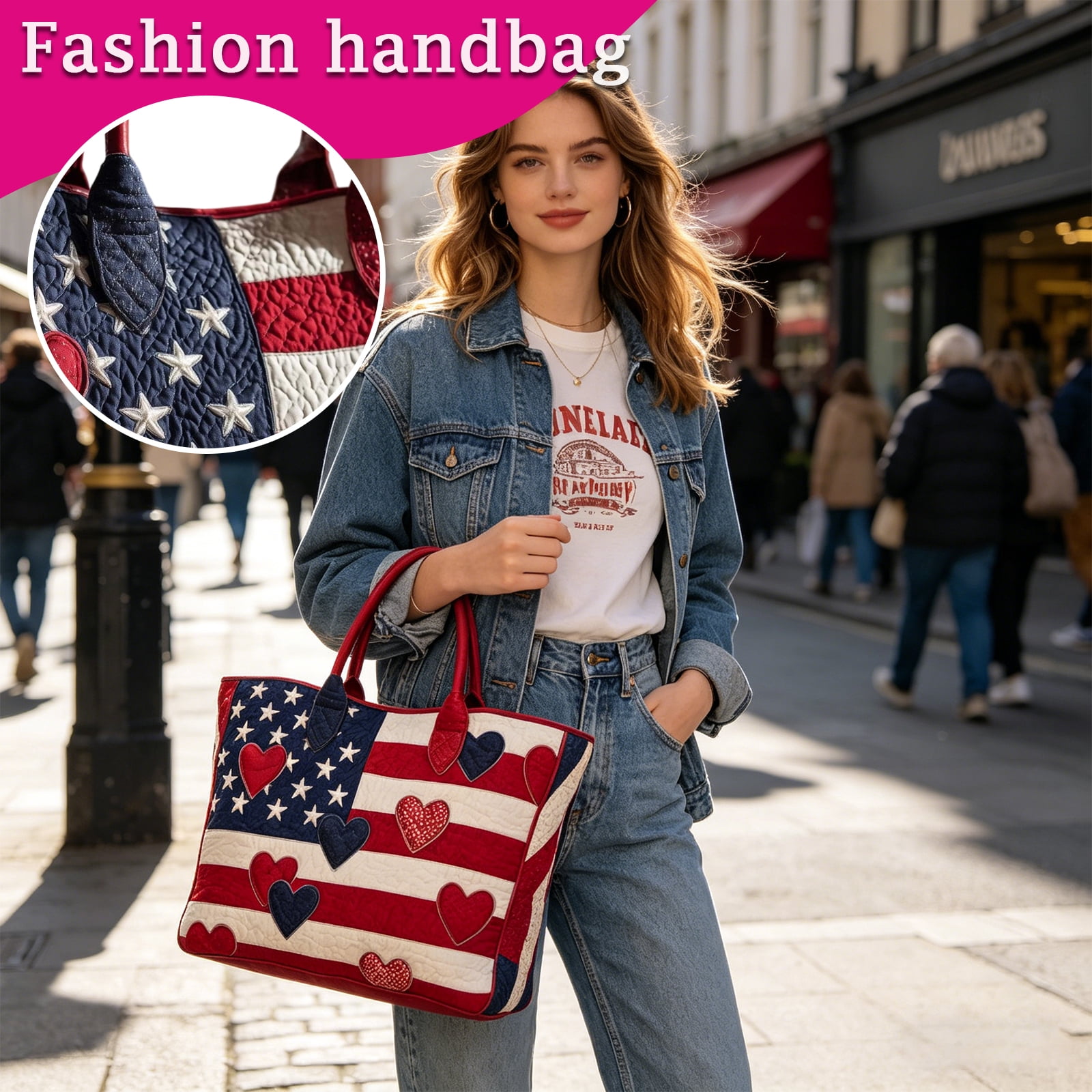 American Flag Quilted Tote Bag Patriotic Floral Applique Handbag Red ...