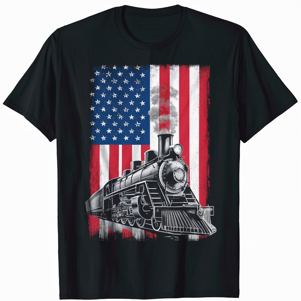 American Flag Railroad Train T-Shirt Locomotive with USA Flag Tee ...