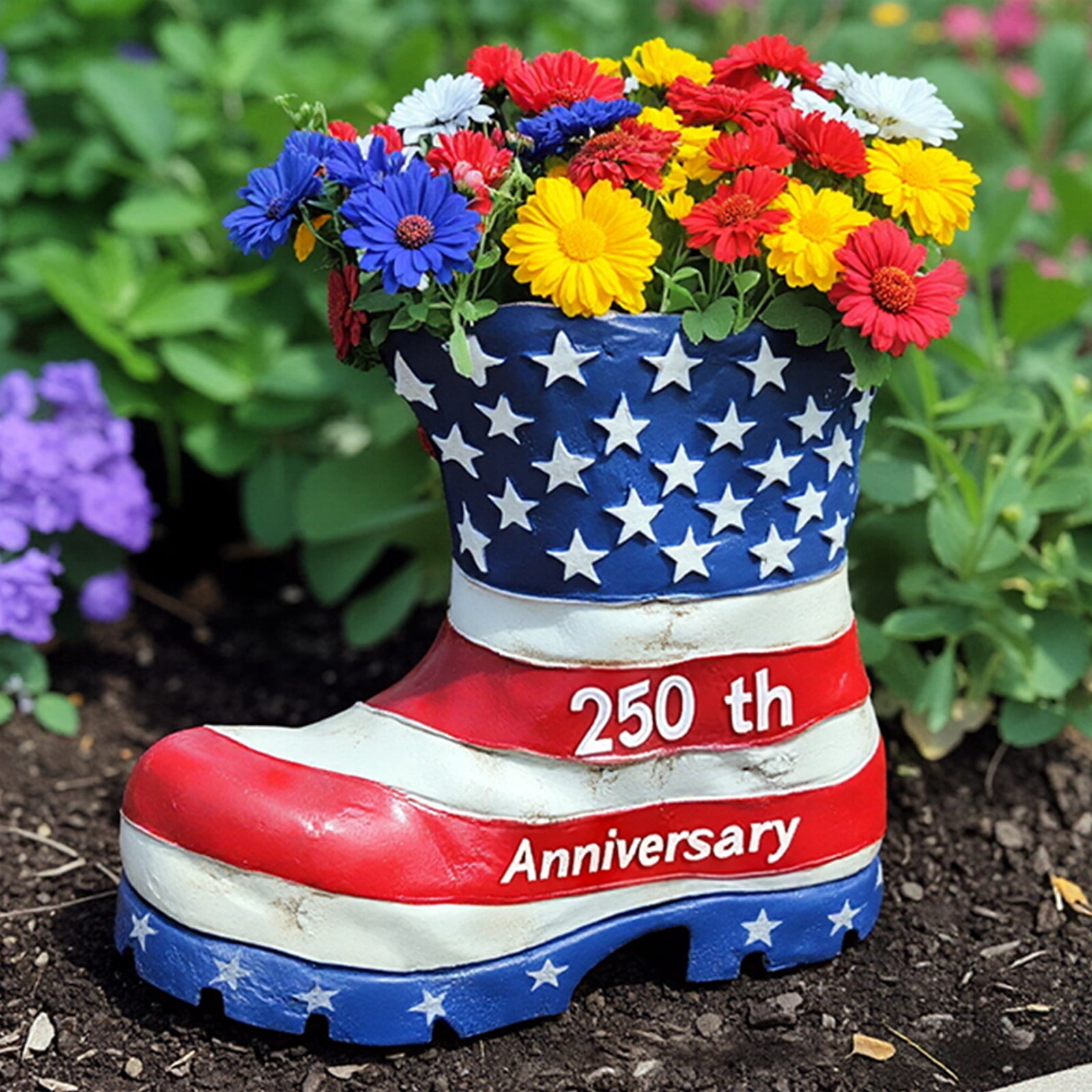 American Flag Rain Boot Planter – 8-Inch Red White & Blue Resin Boot ...