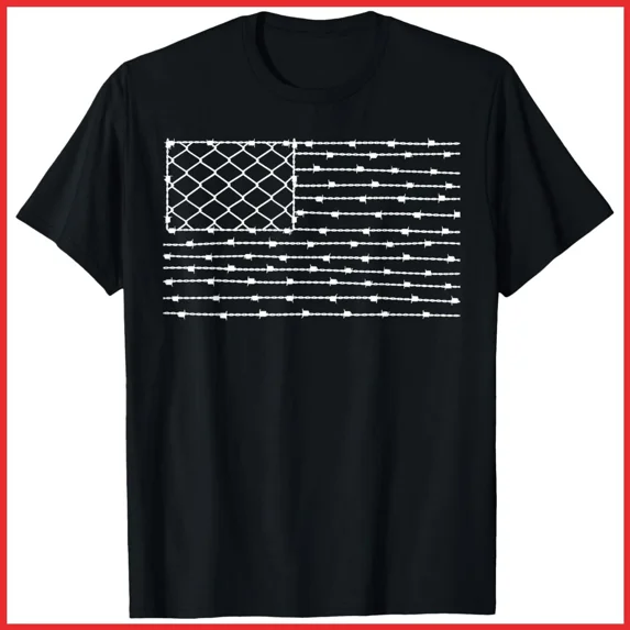 American Flag Razor Wire Chainlink Fence Patriotic USA Unisex T-Shirt S ...