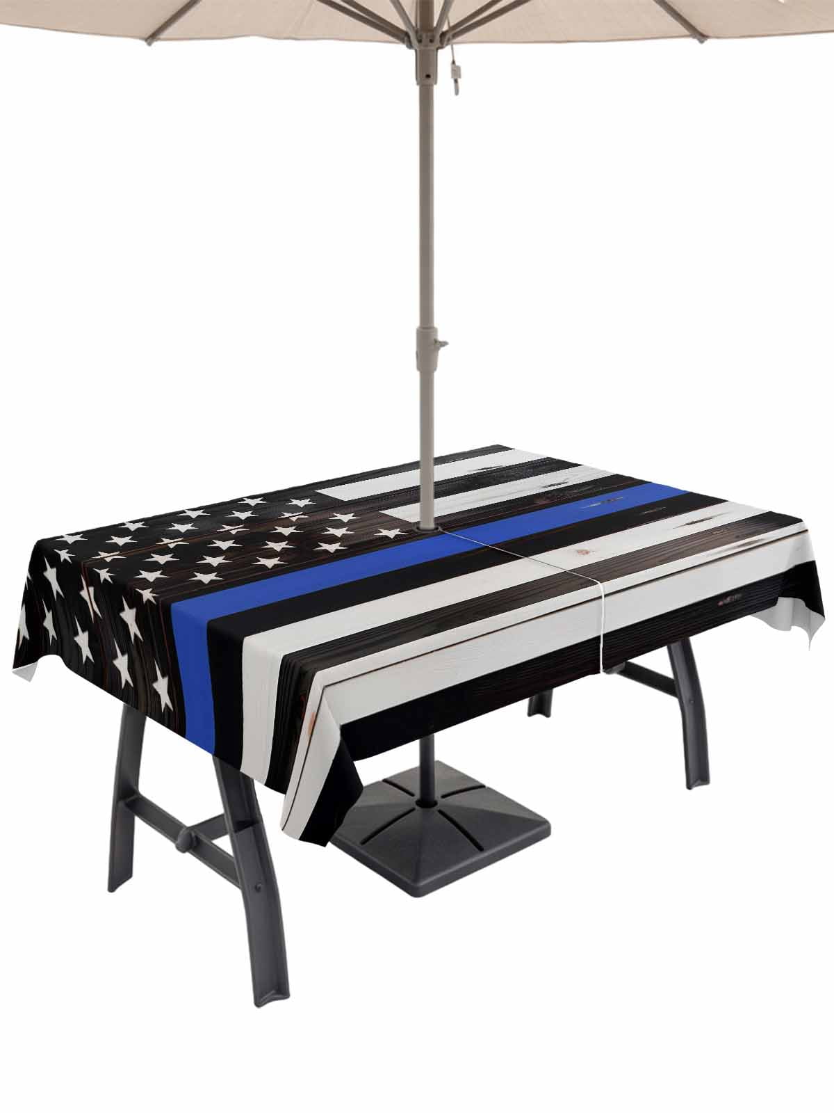 American Flag Rectangle Outdoor Tablecloth with Umbrella Hole Blue Line ...