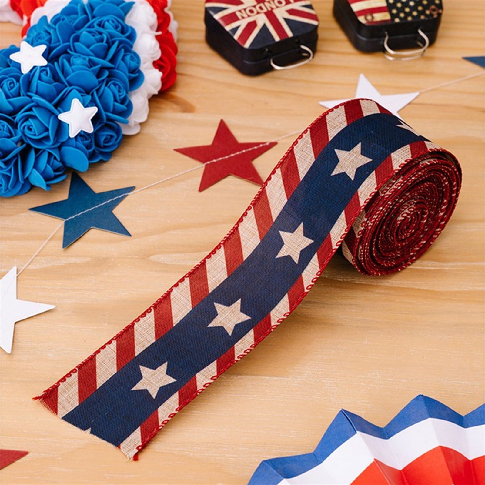 American Flag Ribbon, 2.3" x 5.4Yards Red White and Blue Blue Stars and ...