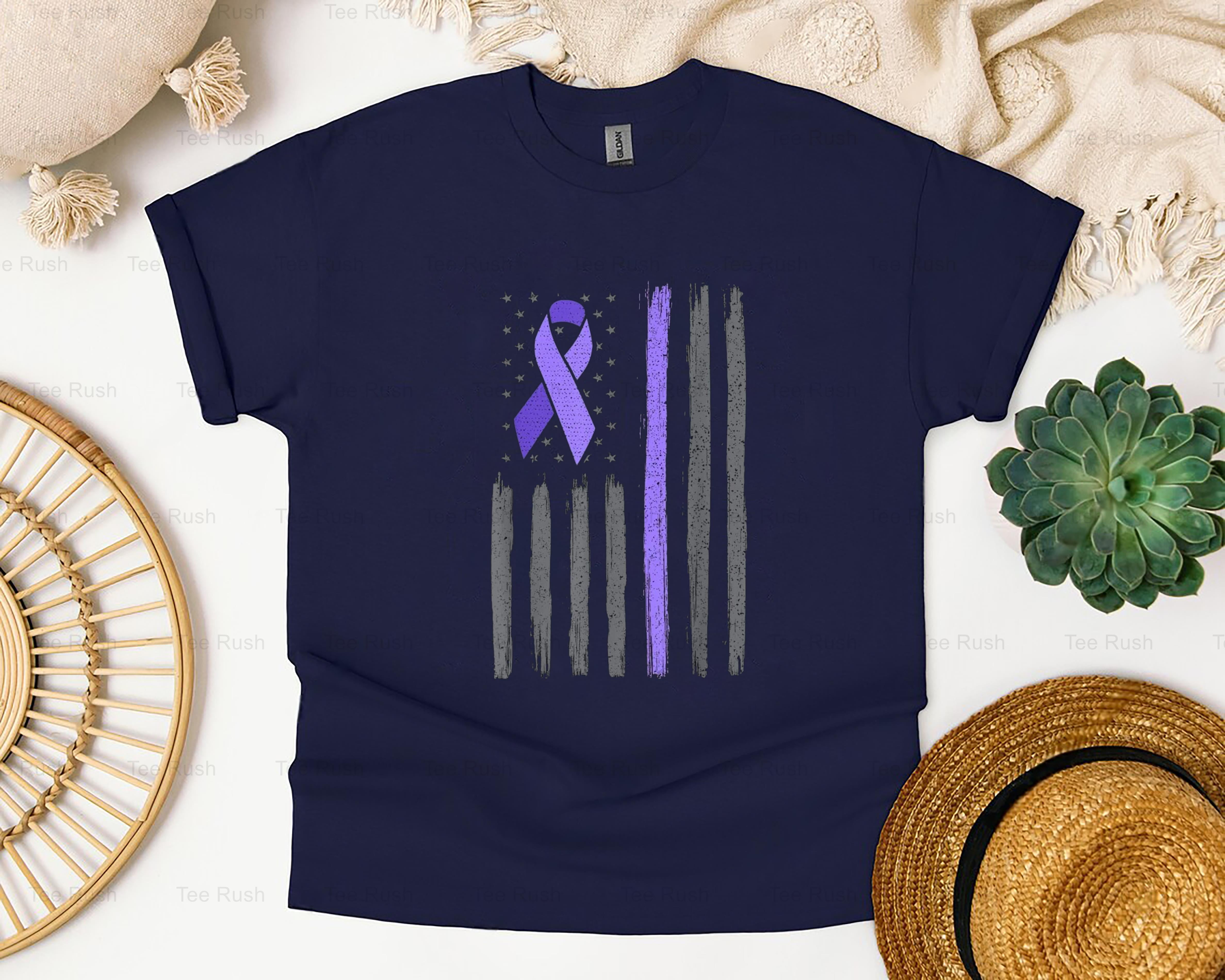 American Flag Ribbon Funny Stomach Cancer Awareness Periwinkle Support ...
