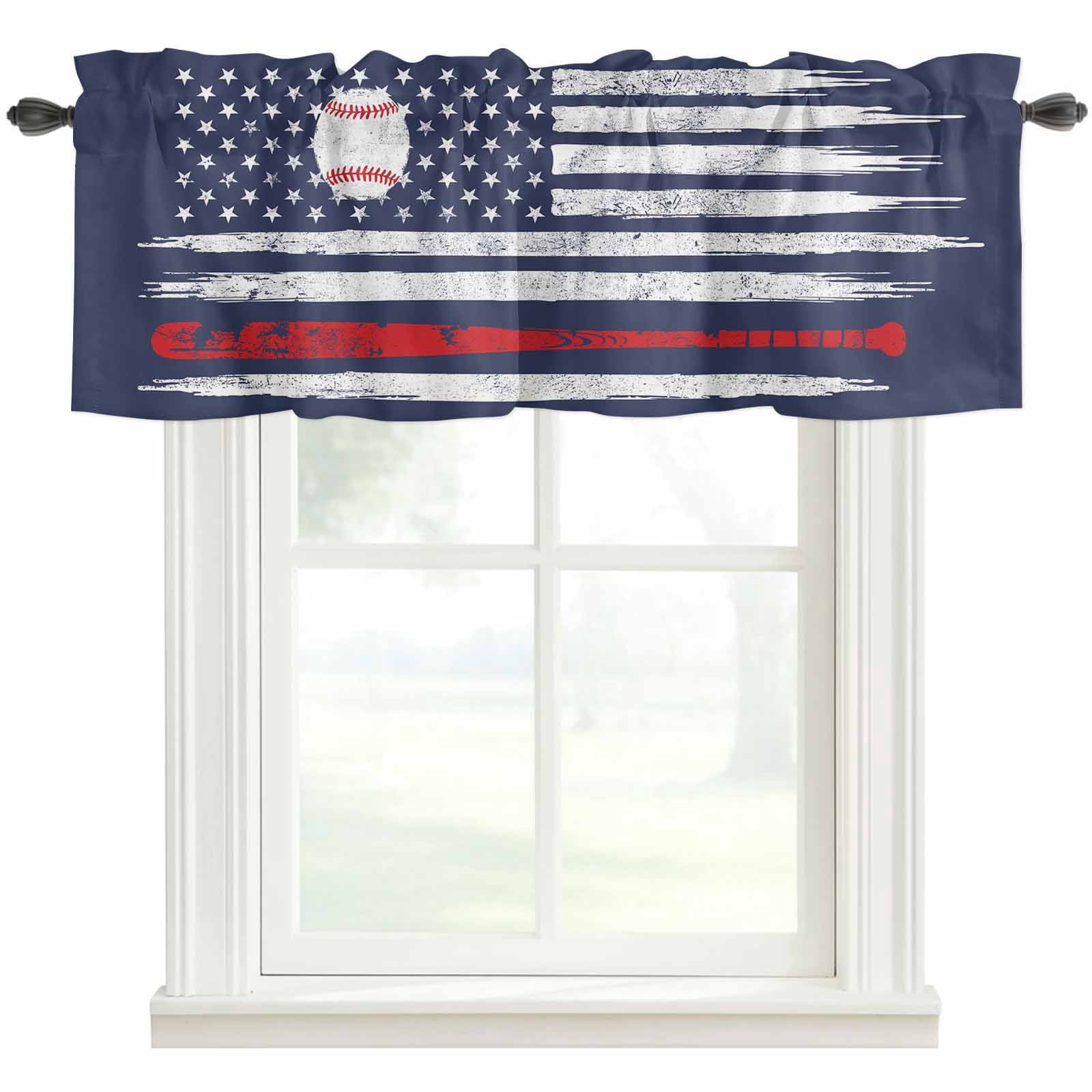 American Flag Rod Pocket Curtain Valance, US Flag Baseball Stars Navy ...