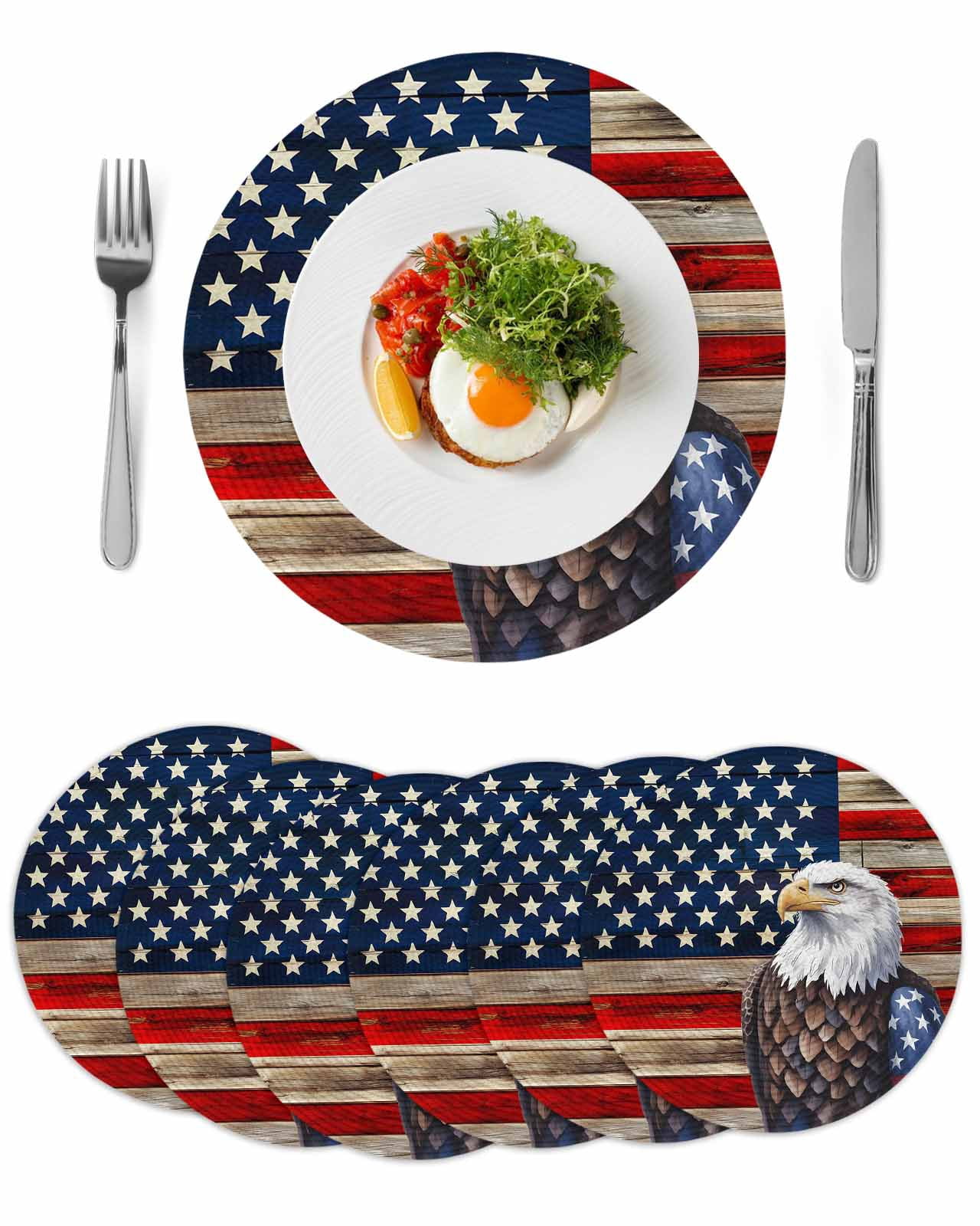 American Flag Round 13 Inch Placemats Set of 6, Vintage Eagle Blue Red ...