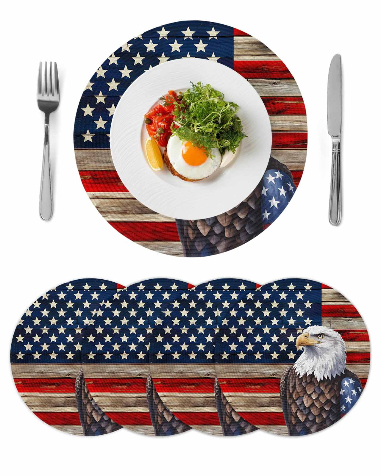 American Flag Round 15 Inch Placemats Set of 4, Vintage Eagle Blue Red ...