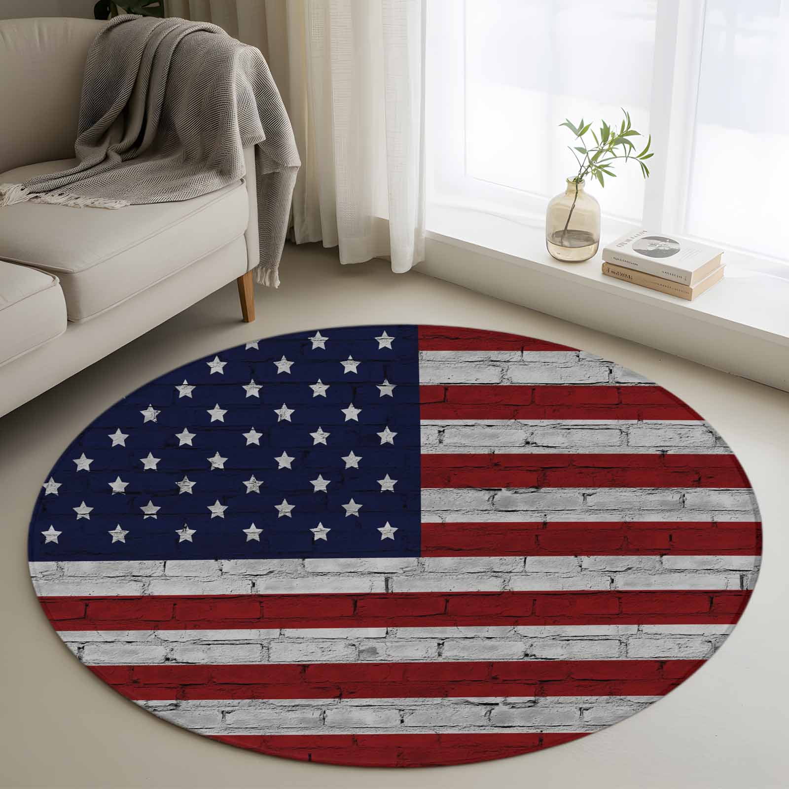 American Flag Round Area Rug 4 FT, Non Slip Indoor Outdoor Rug, Vintage ...