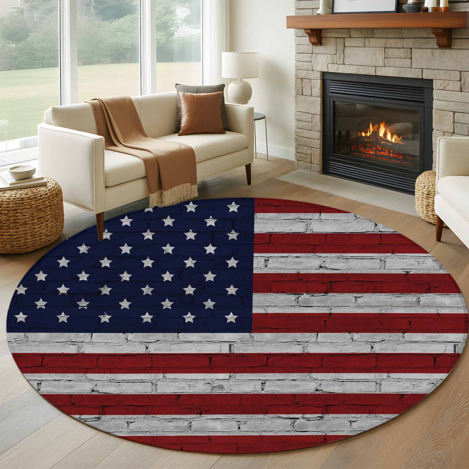 American Flag Round Area Rug 5 FT, Non Slip Bedroom Rugs, Vintage Brick ...