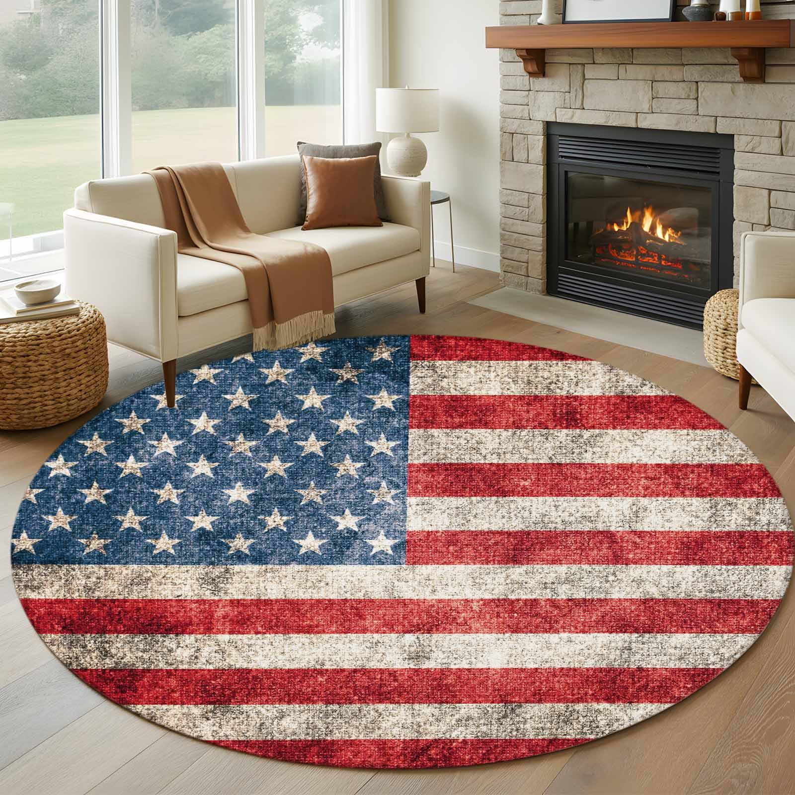 American Flag Round Area Rug 5Ft, Non Slip Circle Area Rugs for Living ...