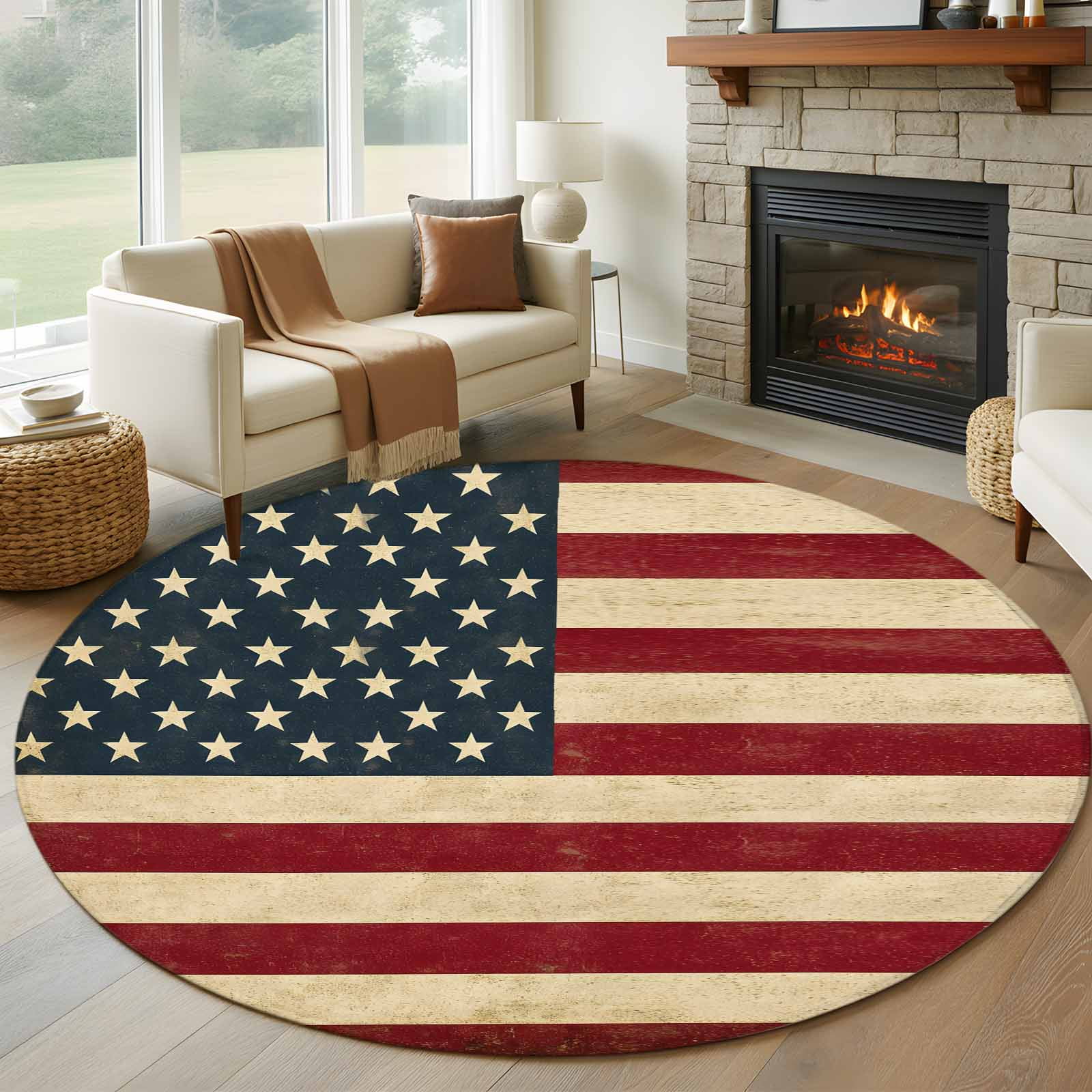 American Flag Round Area Rug 6 FT, Non Slip Bedroom Rugs, Vintage Red ...