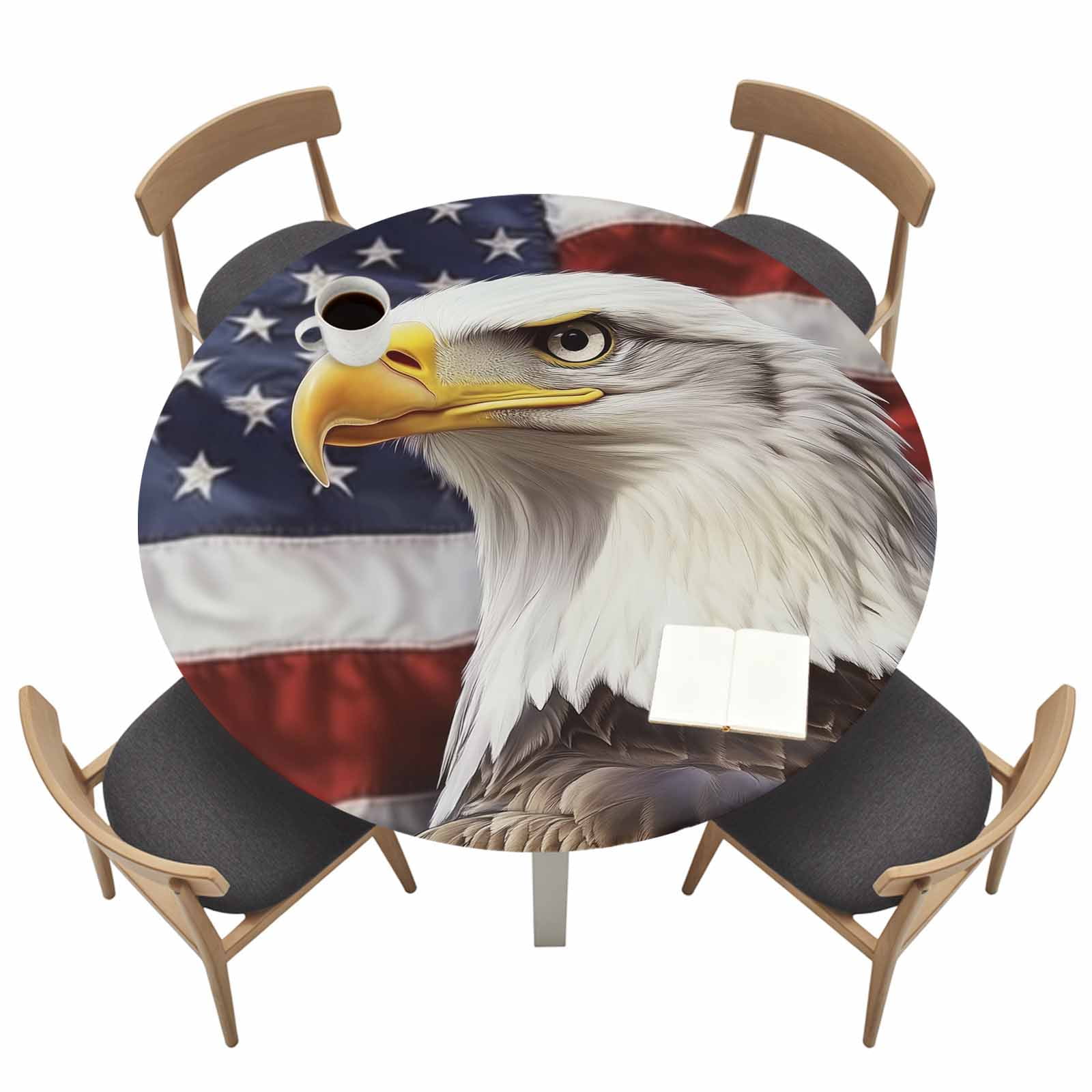American Flag Round Fitted Tablecloth with Elastic Edge Bald Eagle ...
