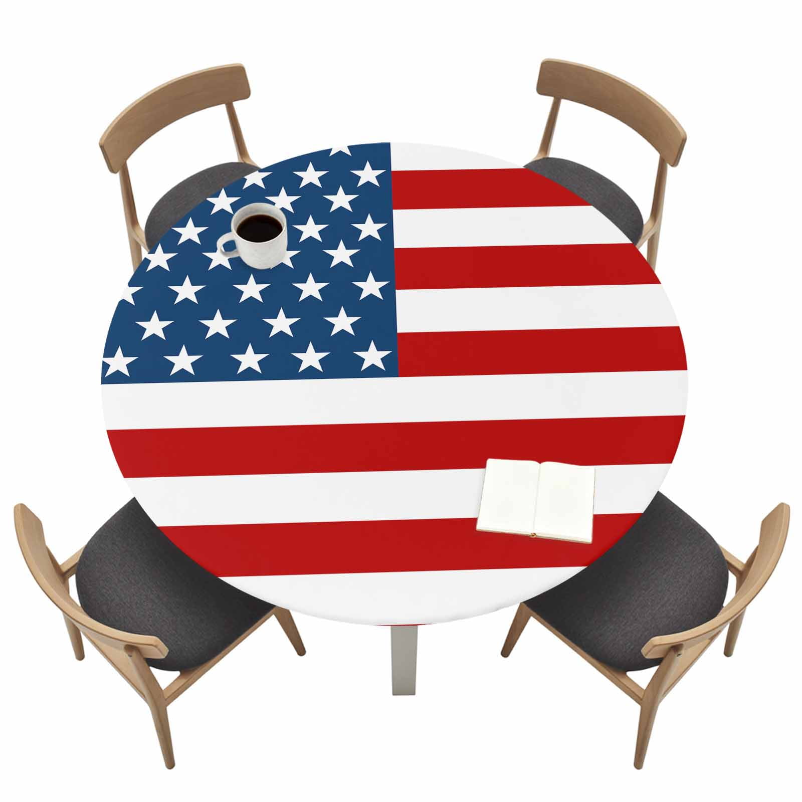 American Flag Round Fitted Tablecloth with Elastic Edge Blue Red Star ...