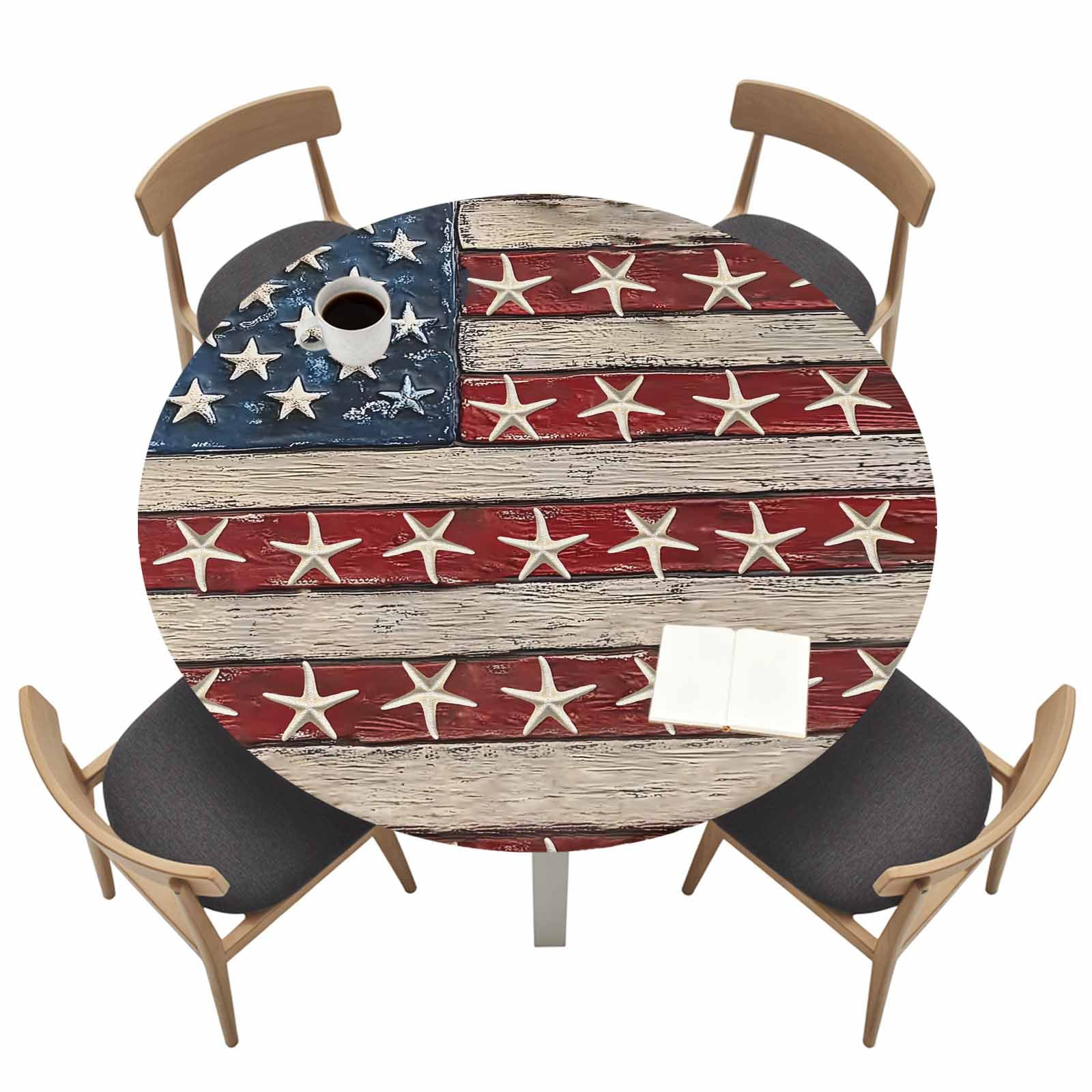 American Flag Round Fitted Tablecloth with Elastic Edge Starfish Red ...