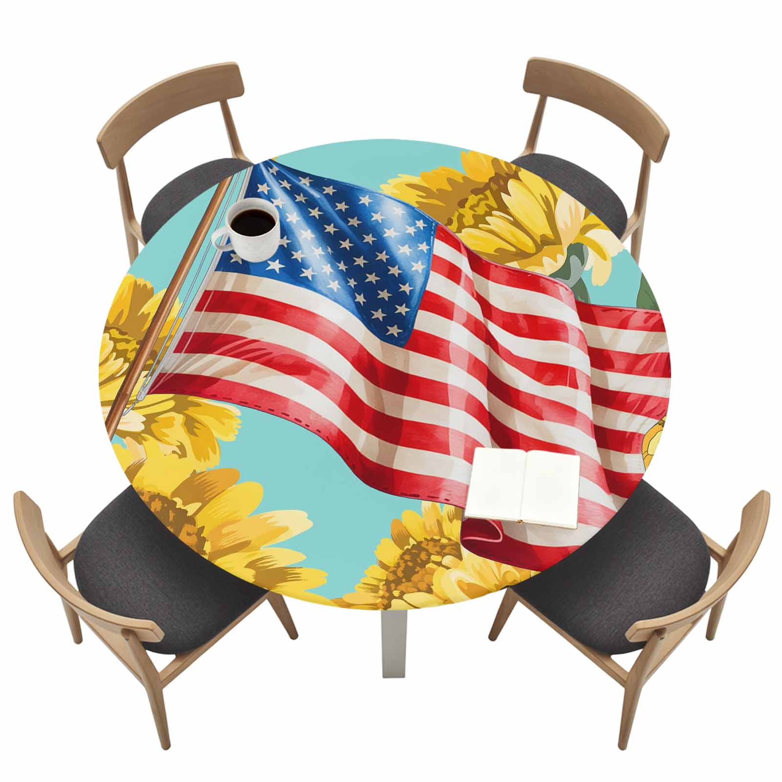 American Flag Round Fitted Tablecloth with Elastic Edge Vintage Yellow ...