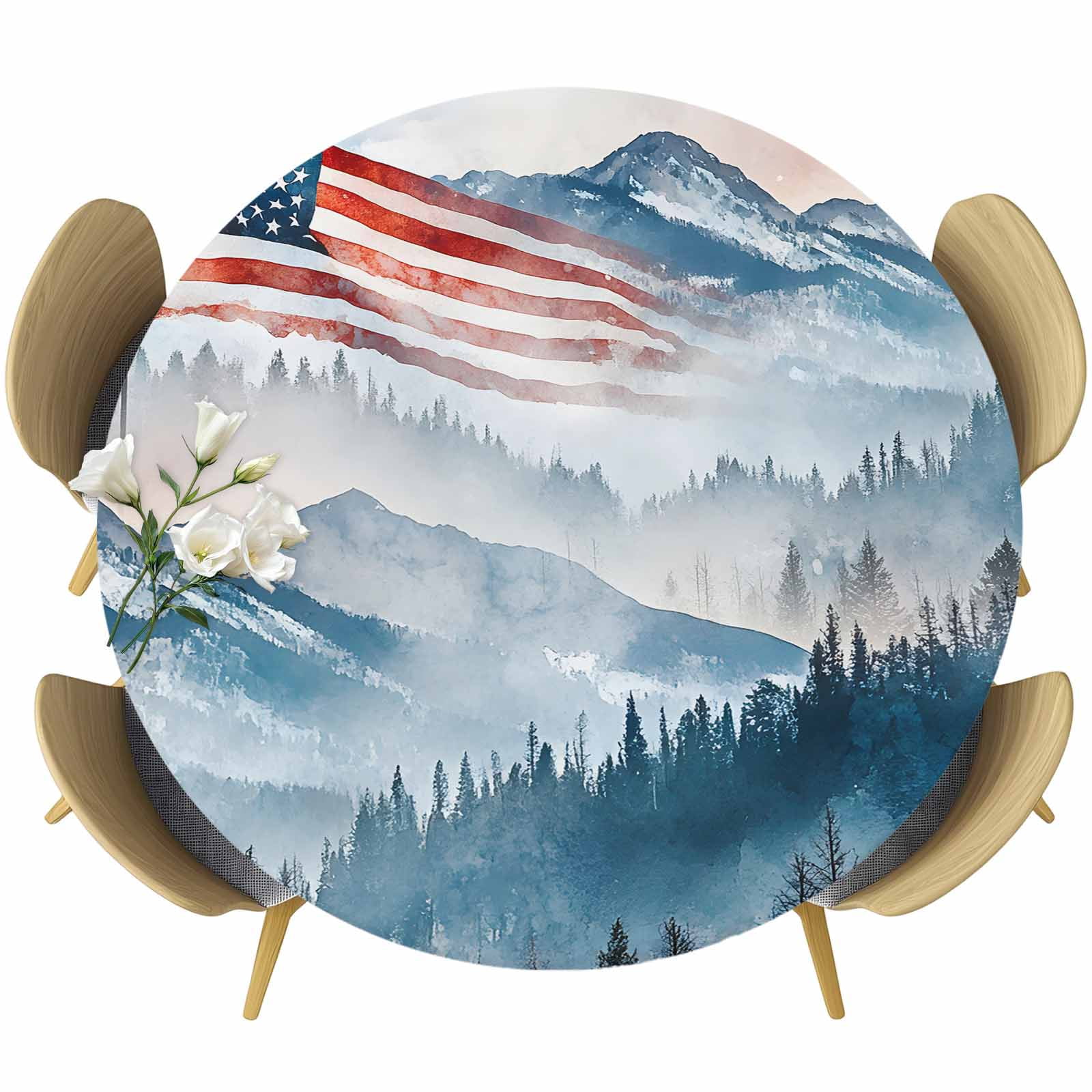 American Flag Round Tablecloth 55-60 Inch Round Fitted Table Cloth with ...