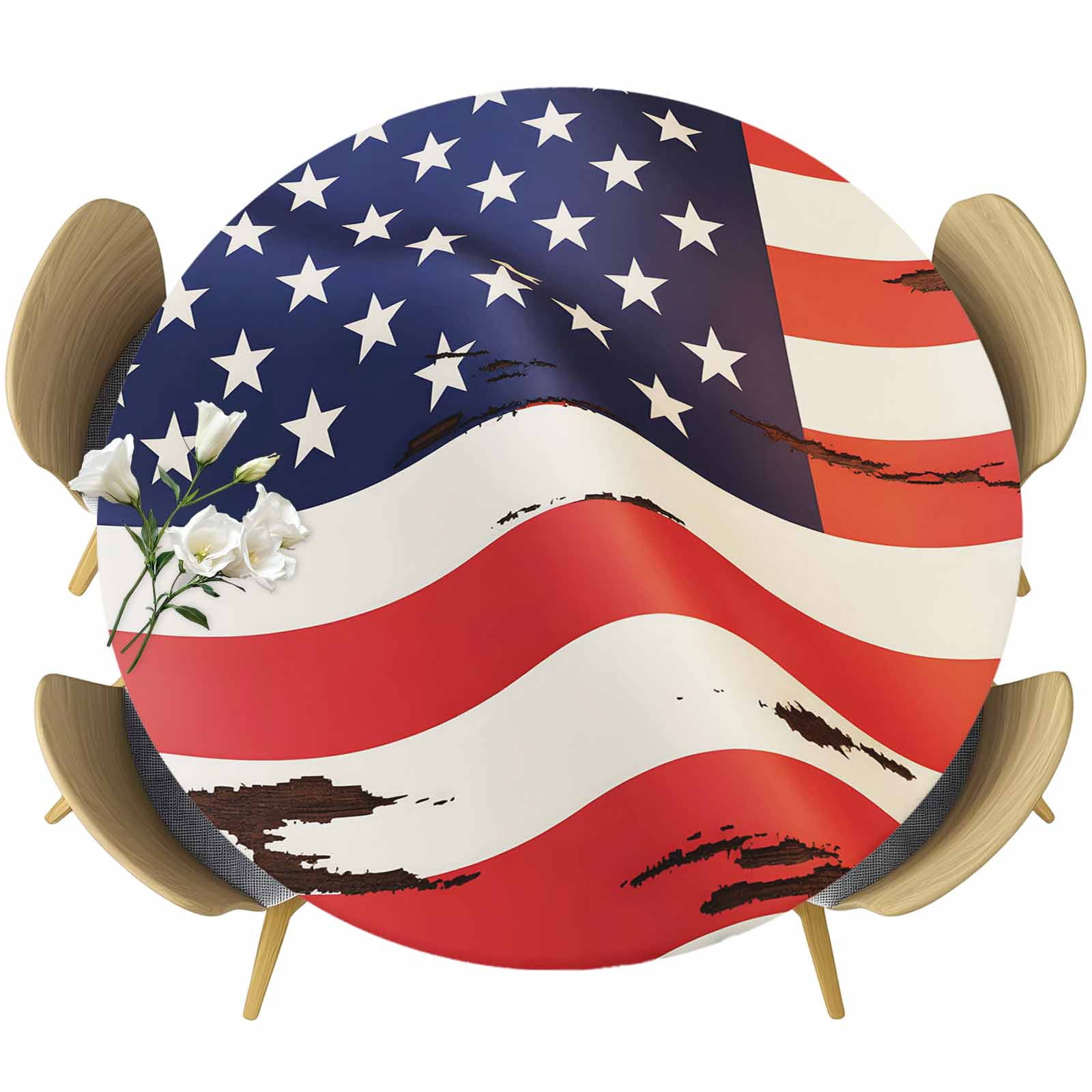 American Flag Round Tablecloth, Fitted Table Cover with Elastic for 45 ...