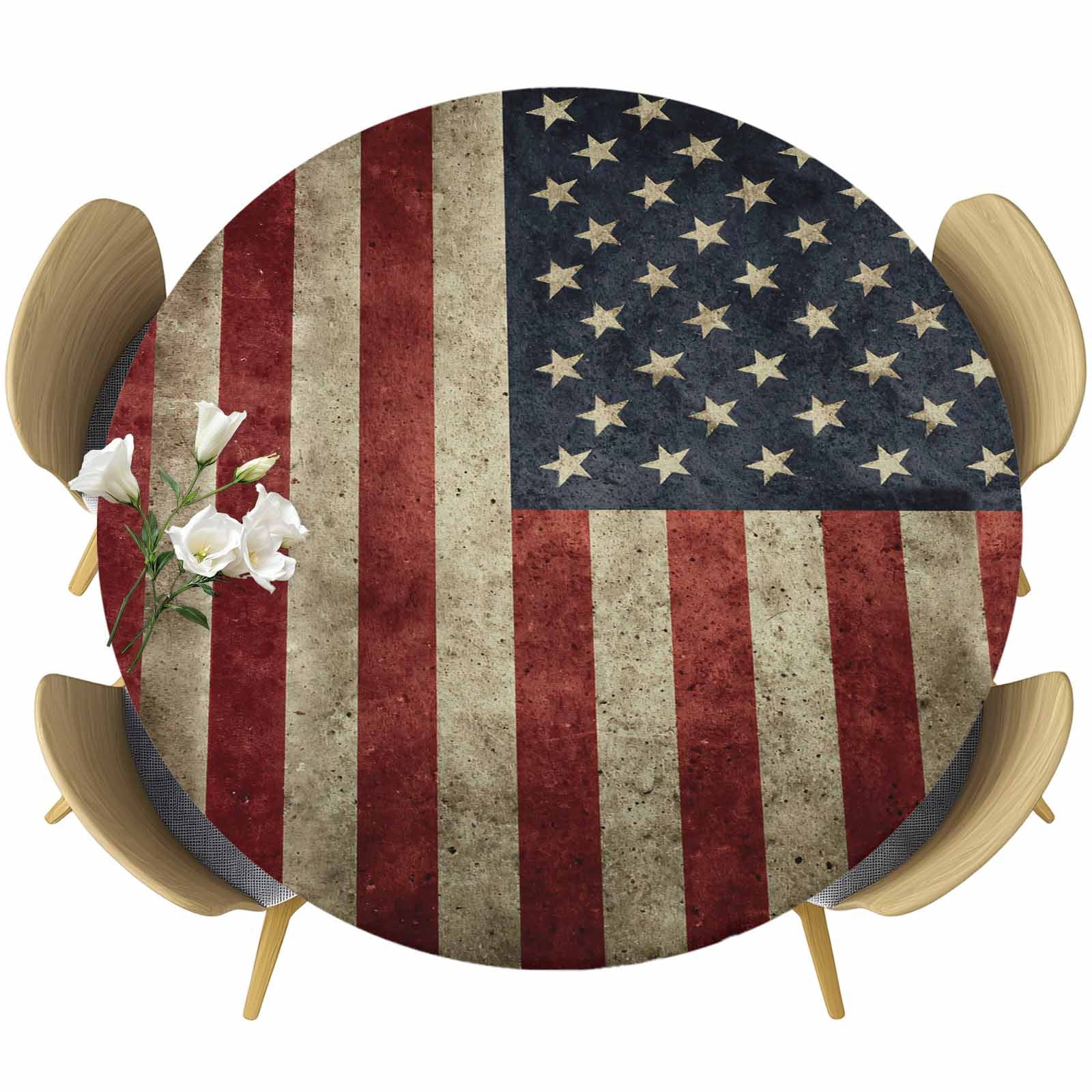 American Flag Round Tablecloth, Fitted Table Cover with Elastic for 45 ...