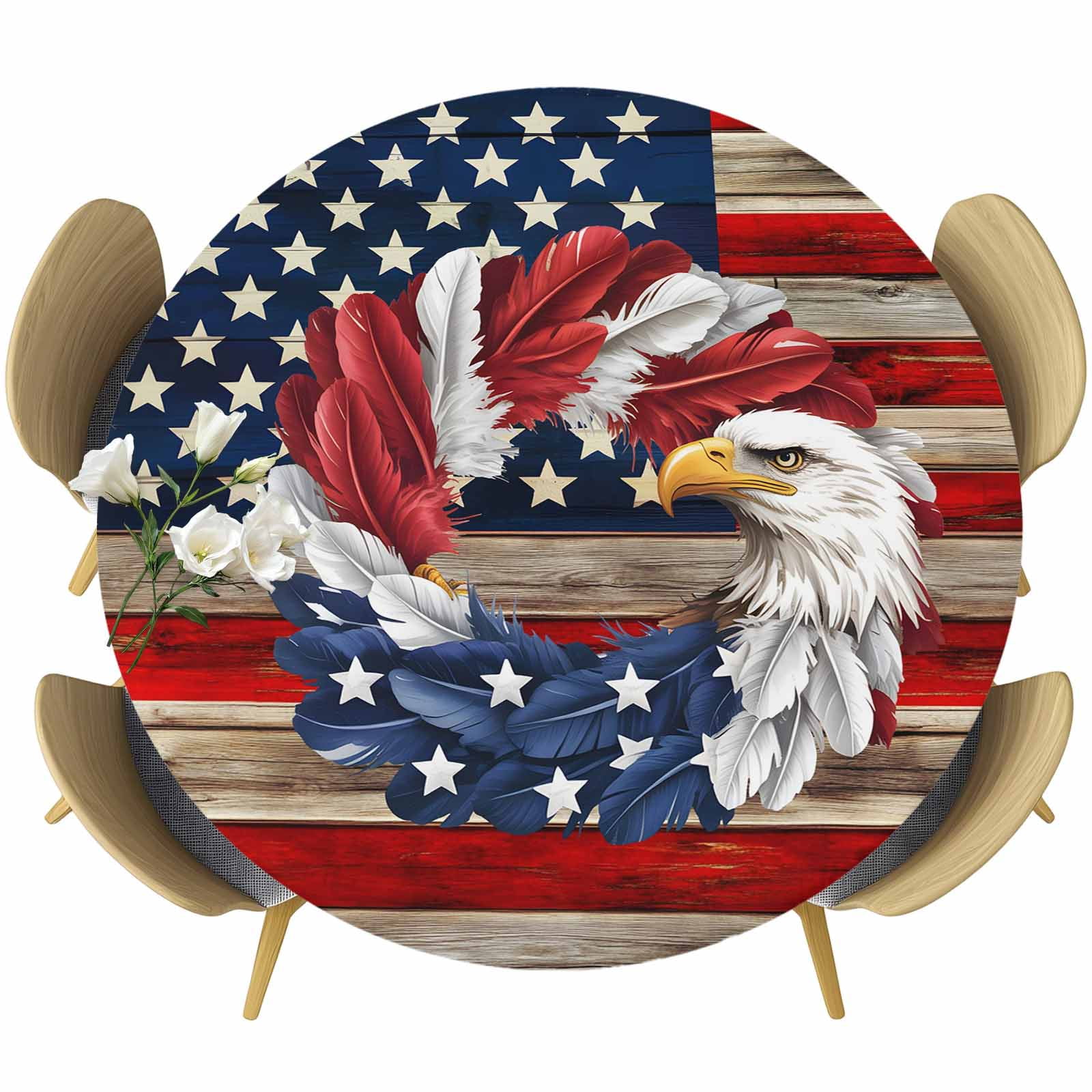 American Flag Round Tablecloth, Fitted Table Cover with Elastic for 55 ...