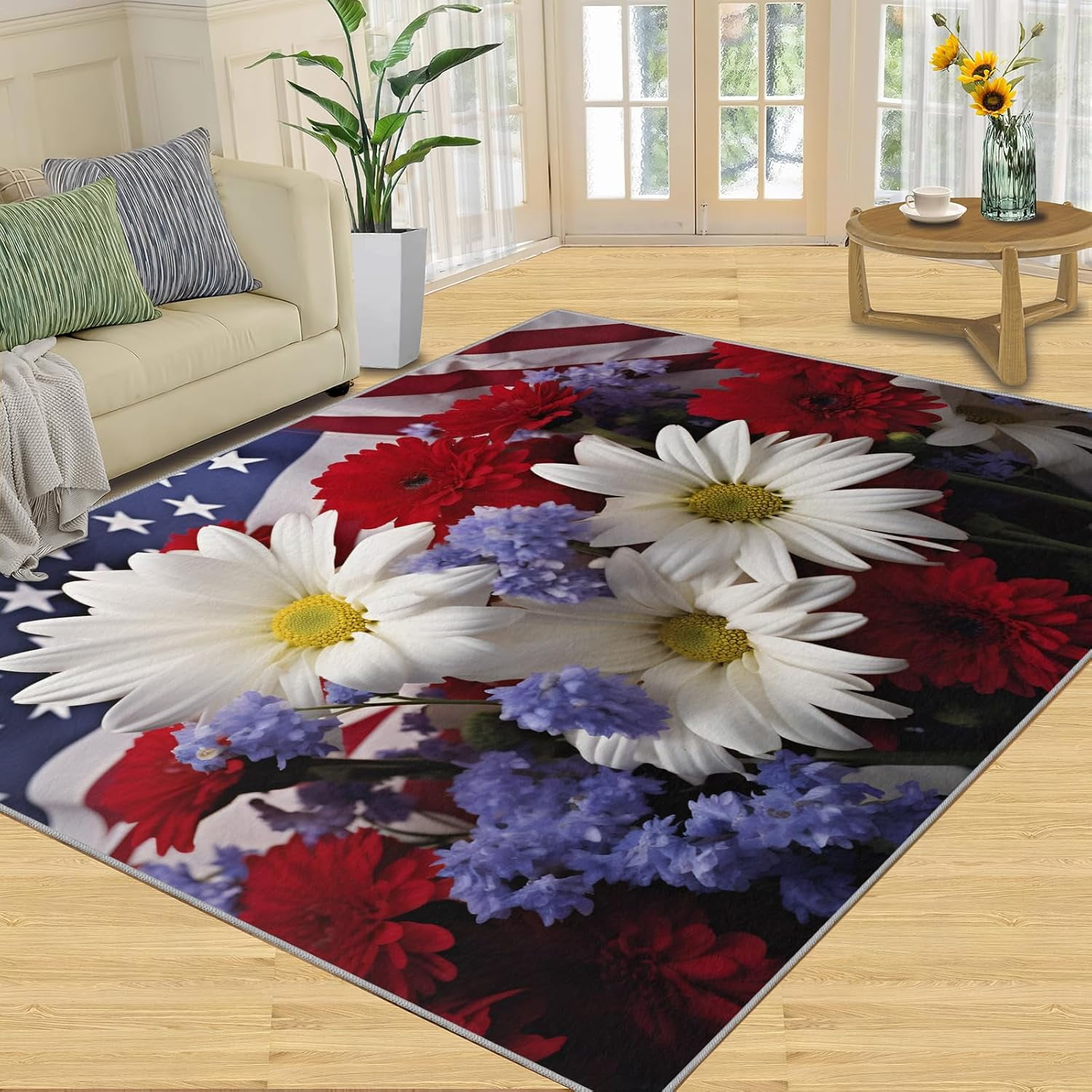 American Flag Rug, Blooming Flowers Area Rug - Non-Slip Washable Rugs ...