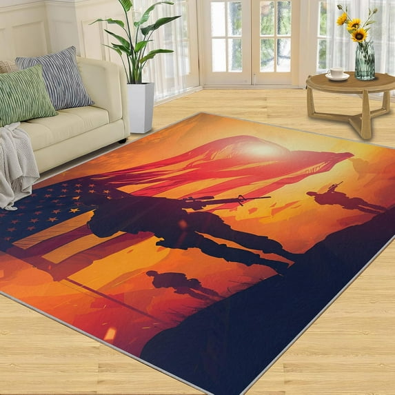 American Flag Rug, Soldier Silhouette Area Rug - Non-Slip Washable Rugs ...