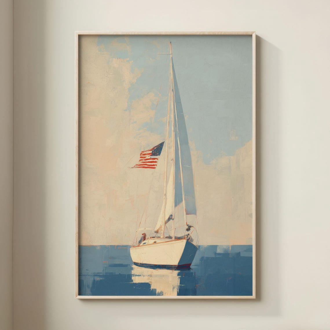 American Flag Sailboat Beige and Blue Print Unframed Paper Print ...