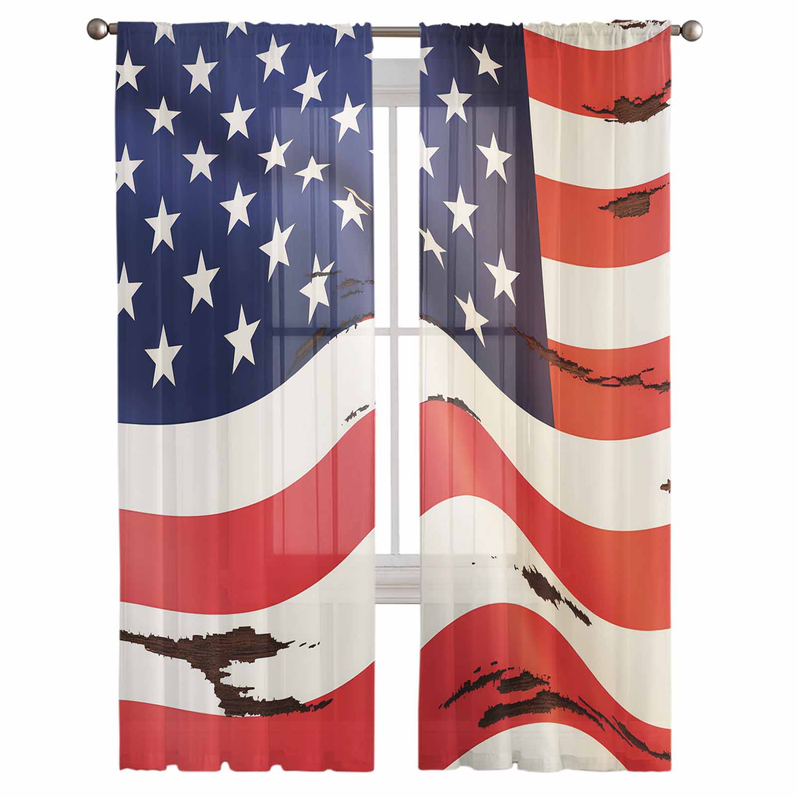 American Flag Semi Sheer Curtains 108 Inch Length 2 Panels Set, Red ...