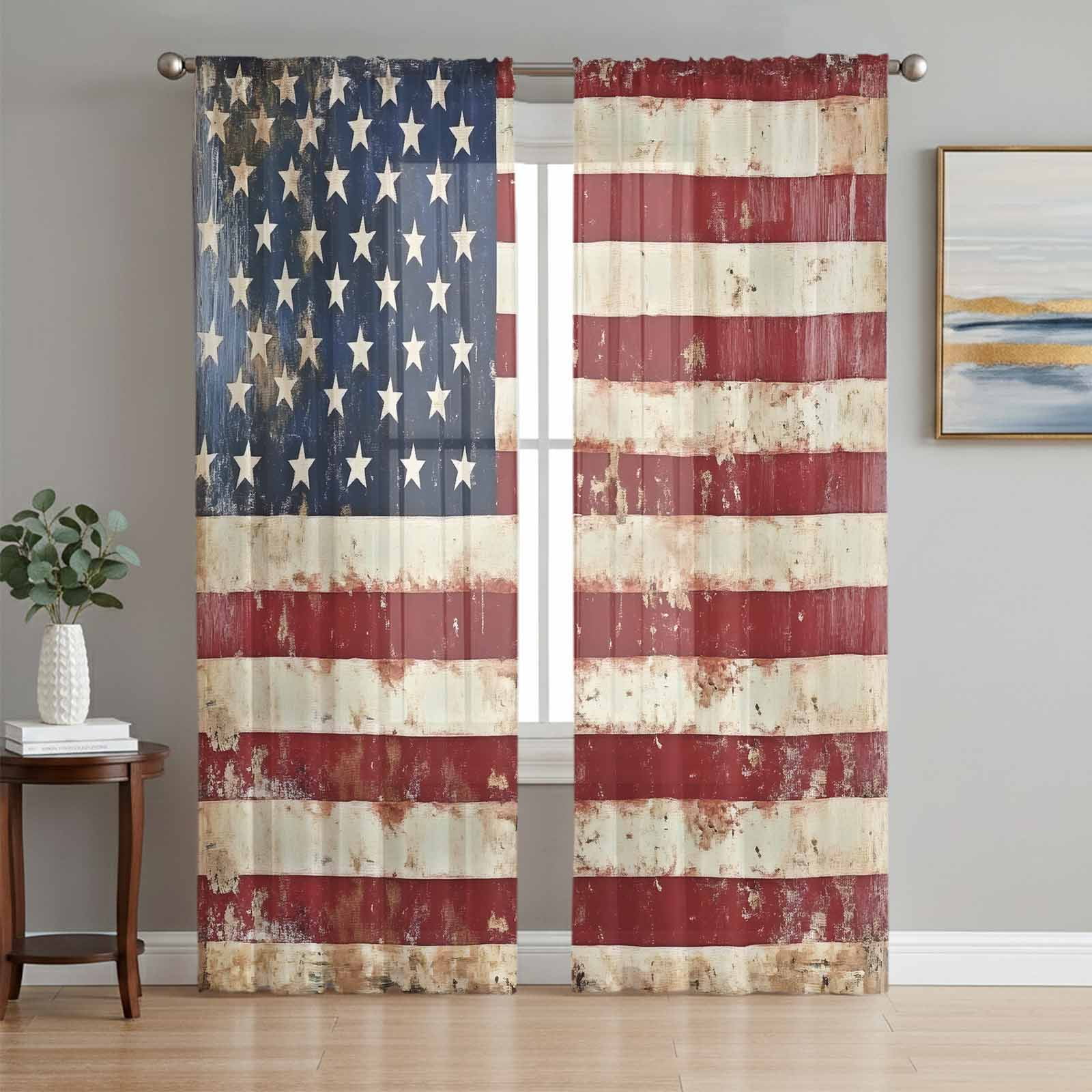 American Flag Semi Sheer Curtains 108 Inch Length 2 Panels Set, Vintage ...
