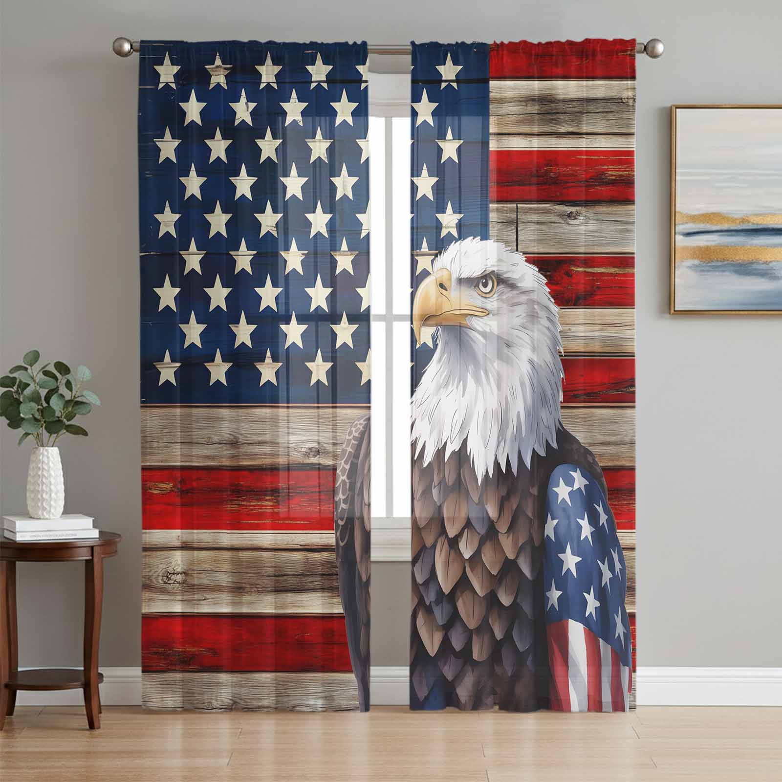American Flag Semi Sheer Curtains 108 Inch Length 2 Panels Set, Vintage ...