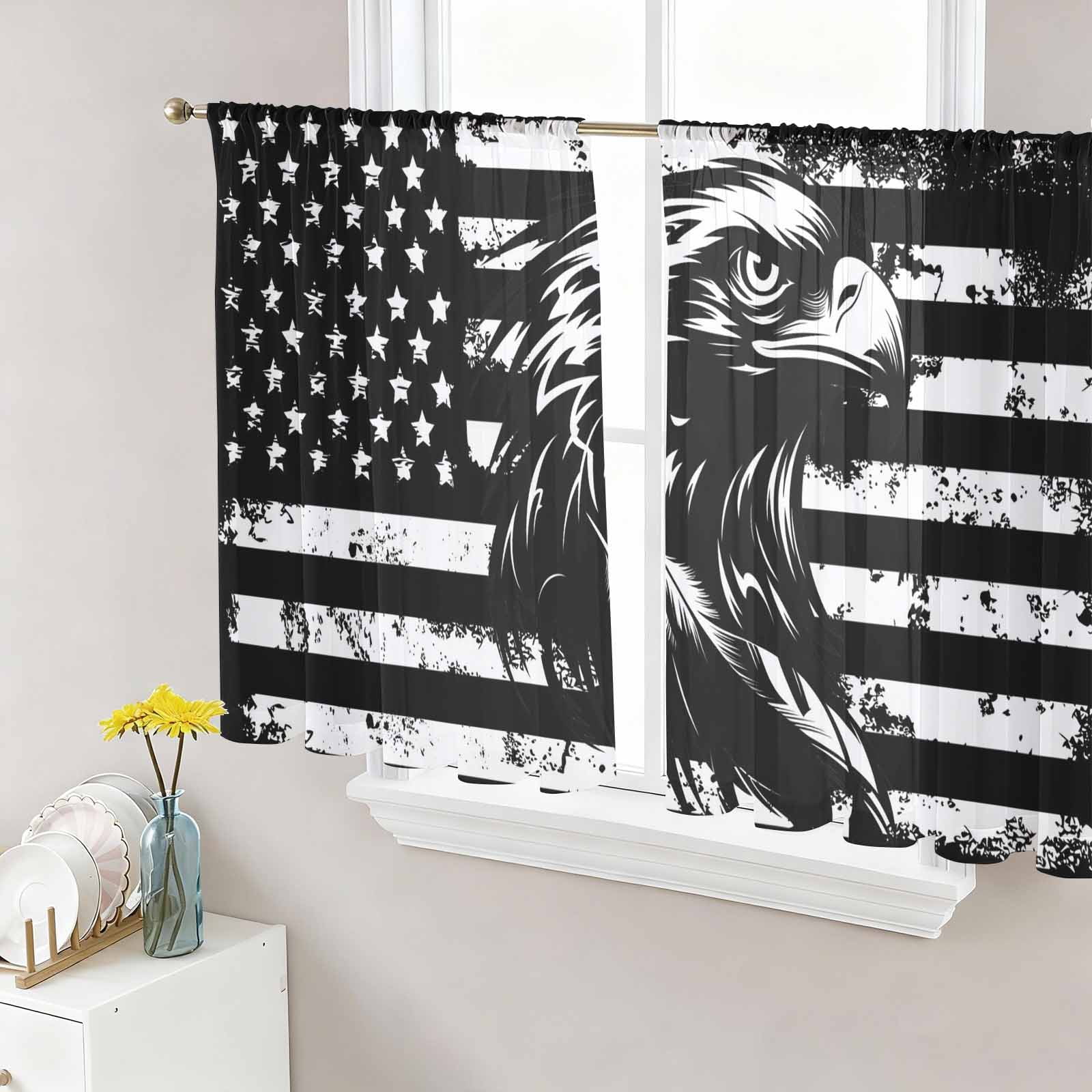 American Flag Semi Sheer Curtains 45 Inch Length 2 Panels Set, Black US ...