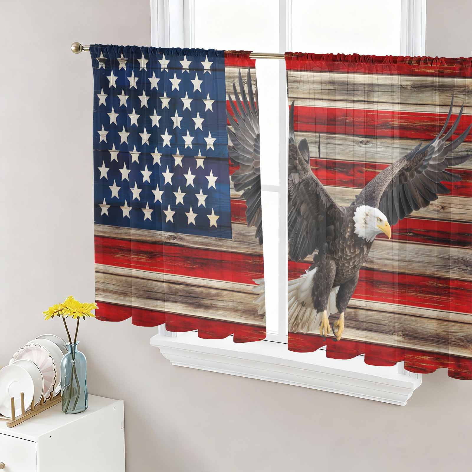 American Flag Semi Sheer Curtains 45 Inch Length 2 Panels Set, Eagle ...