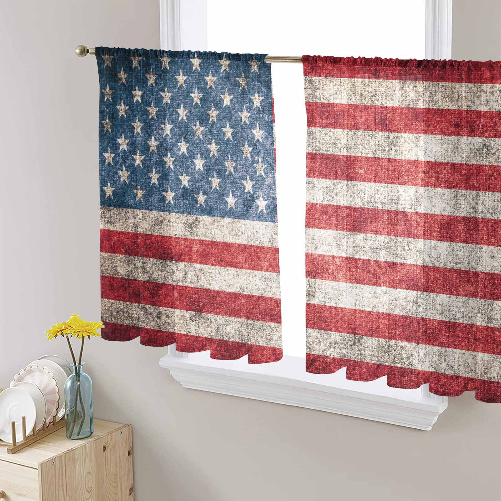 American Flag Semi Sheer Curtains 45 Inch Length 2 Panels Set, Vintage ...
