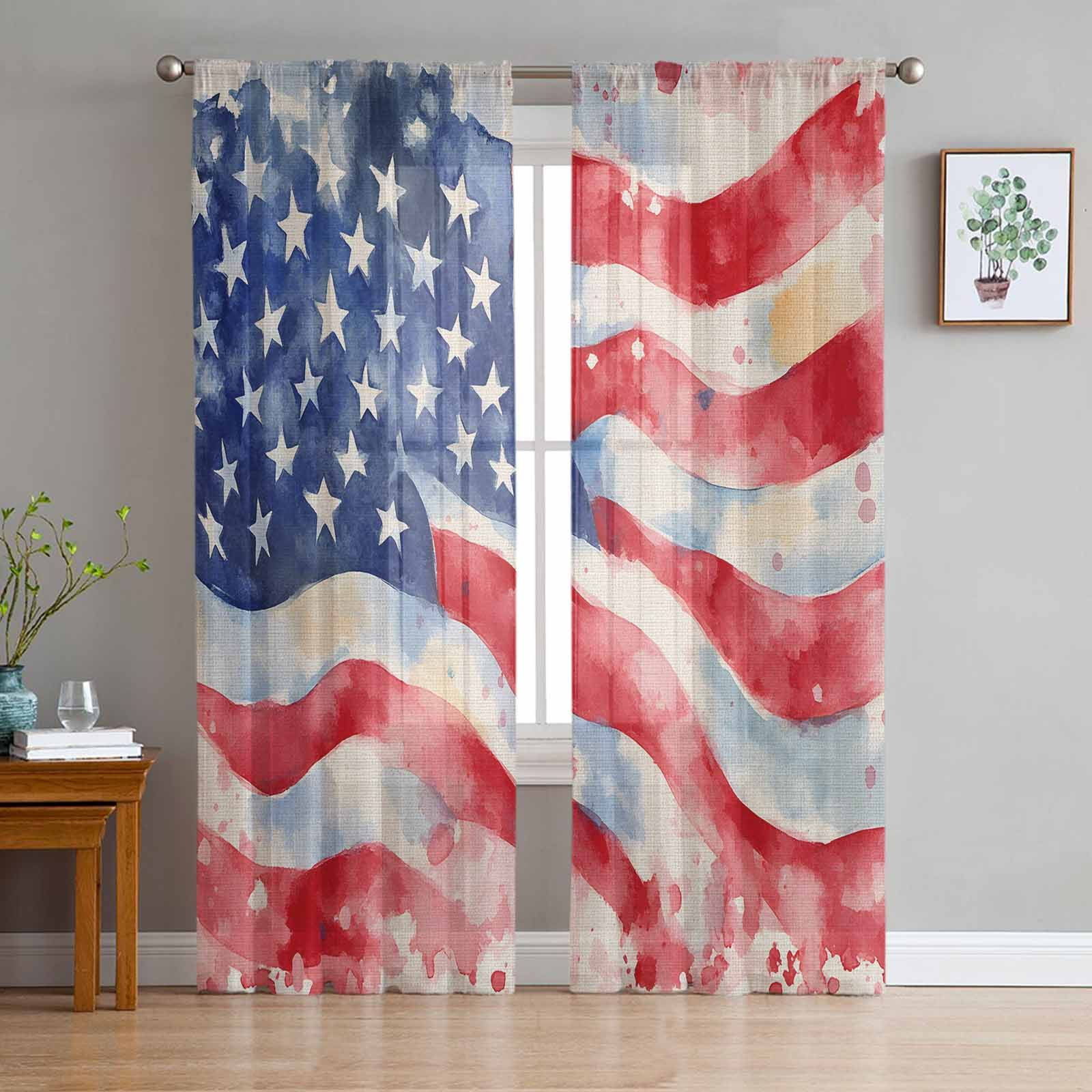 American Flag Semi Sheer Curtains 63 Inch Length 2 Panels Set, Abstract ...