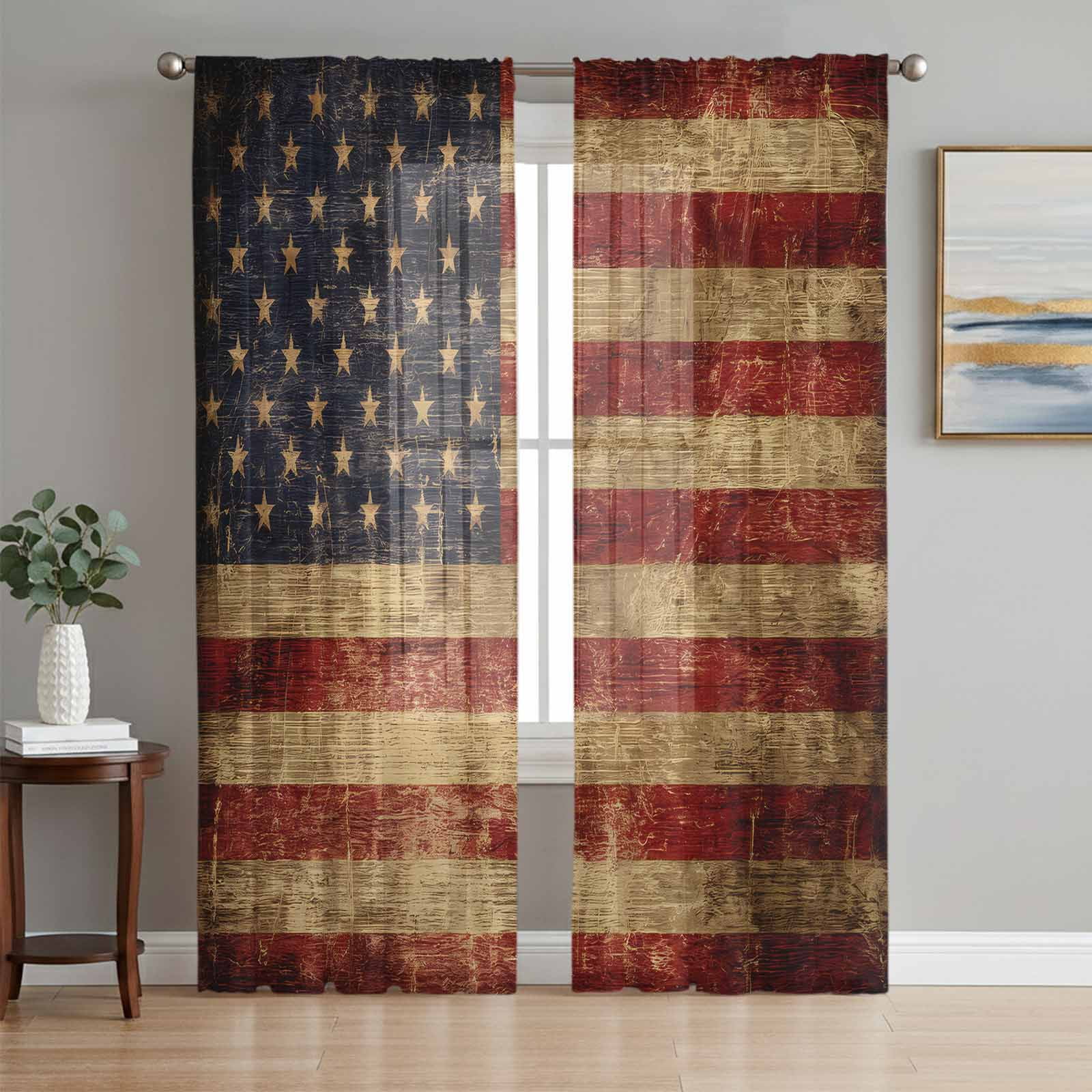 American Flag Semi Sheer Curtains 96 Inch Length 2 Panels Set ...