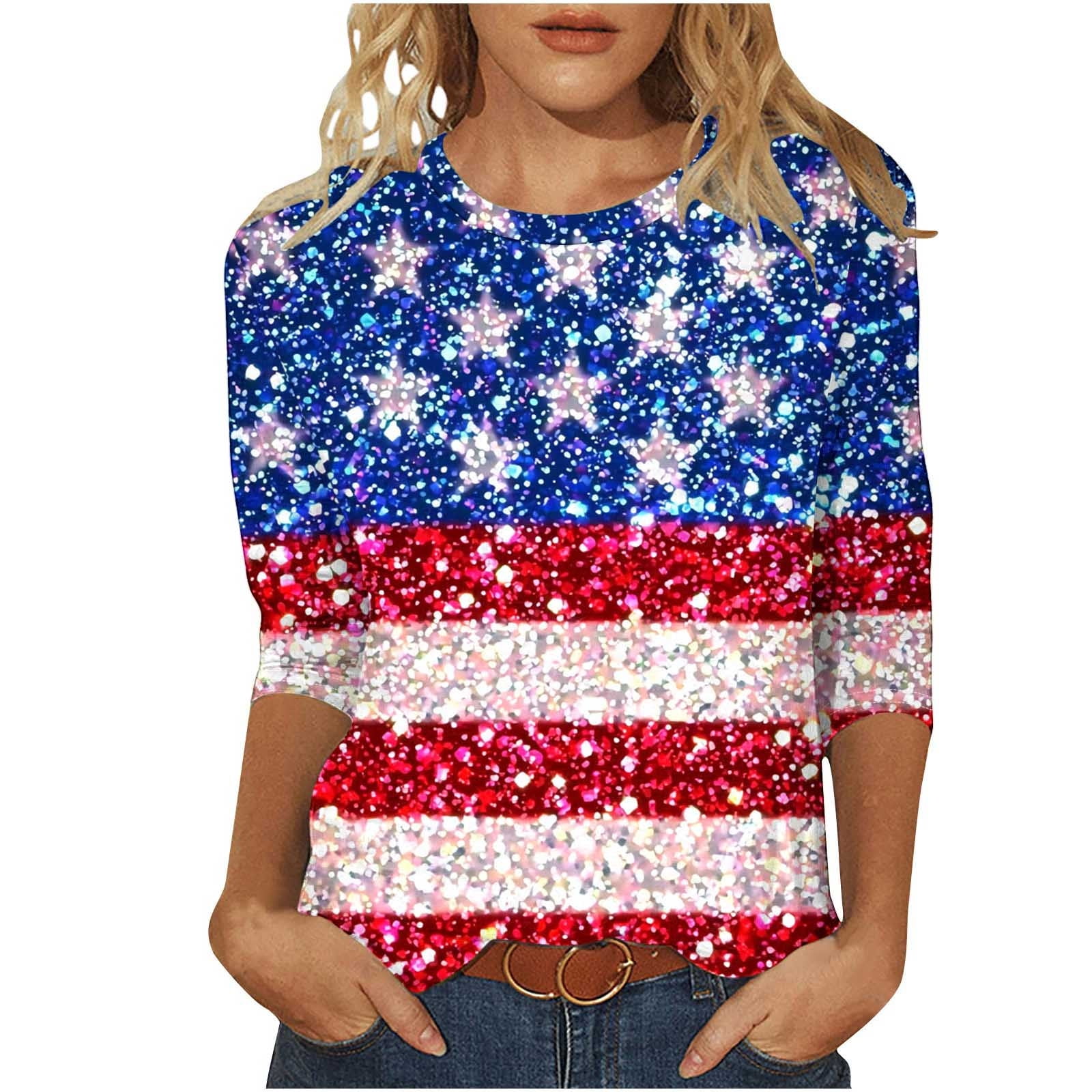 American Flag Sequin Print Shirt Women Patriotic 4th of July Tops USA ...