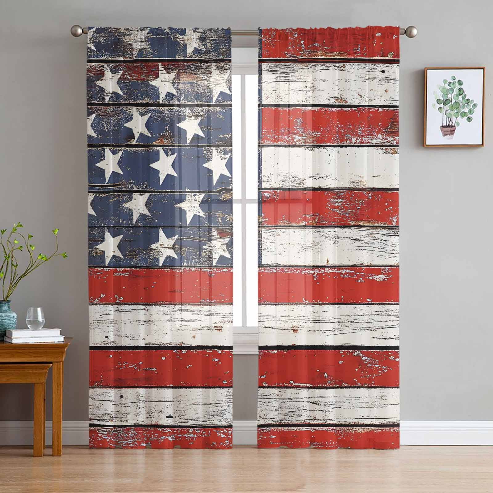 American Flag Sheer Curtains 108 Inch Length 2 Panels Set for Living ...