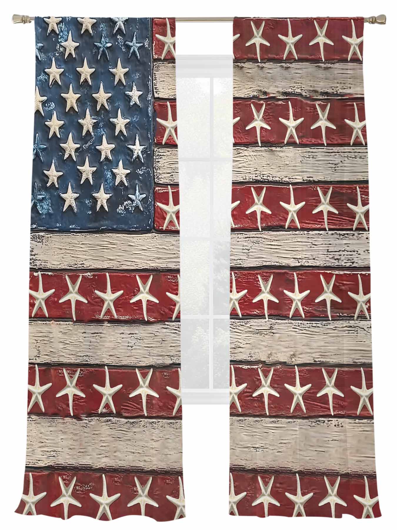 American Flag Sheer Curtains 108 Inch Long 2 Panels,Starfish Red Brown ...