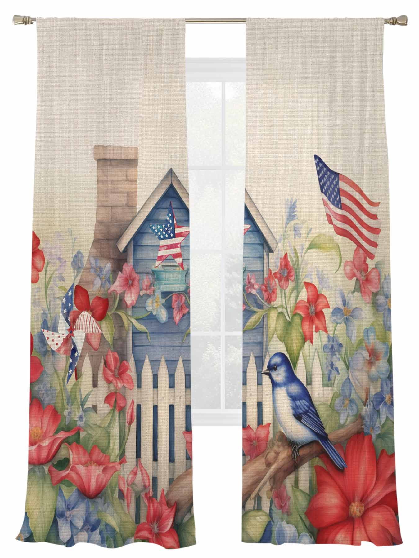 American Flag Sheer Curtains 2 Panels Set Independence Day Star Bird ...