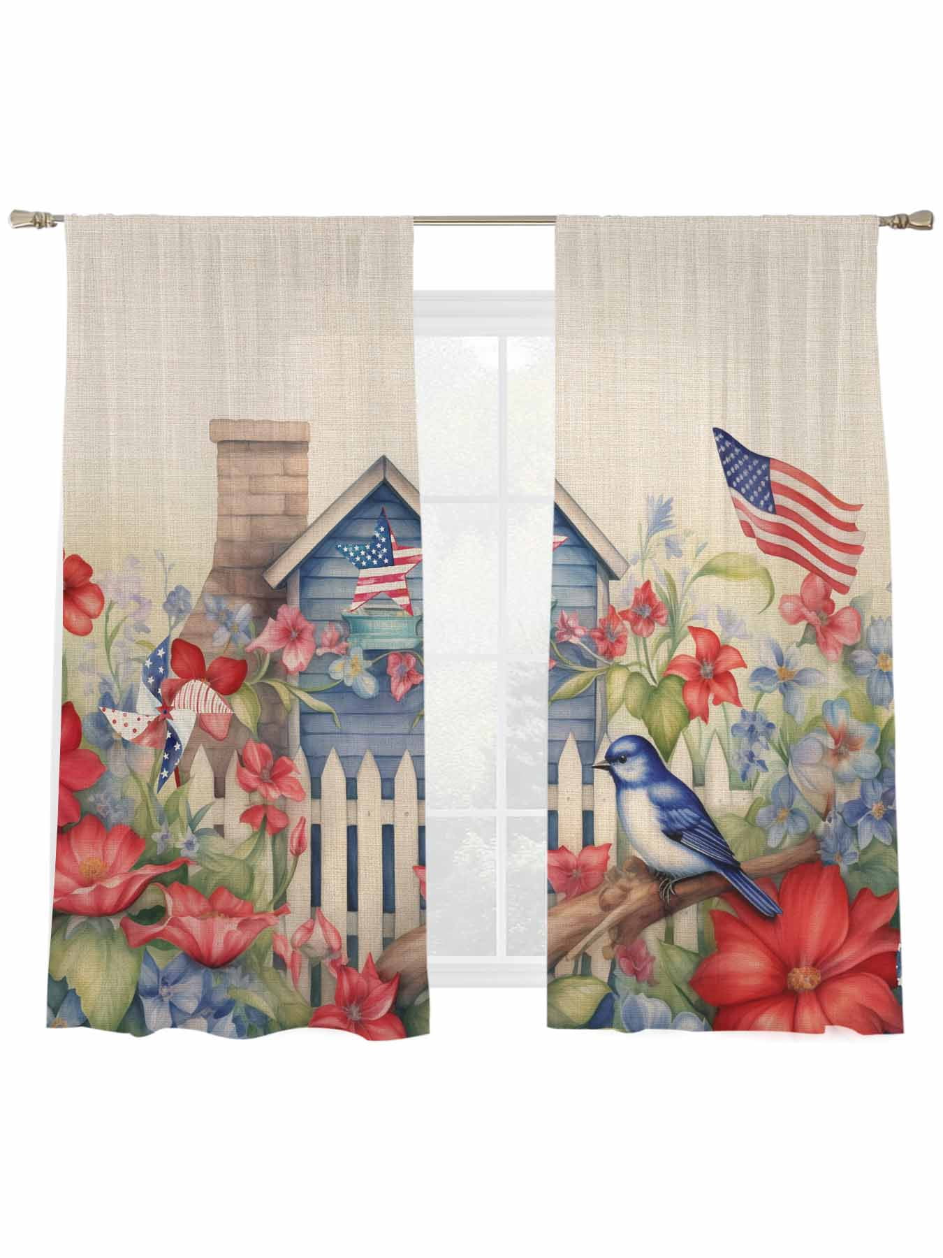 American Flag Sheer Curtains 2 Panels Set Independence Day Star Bird ...