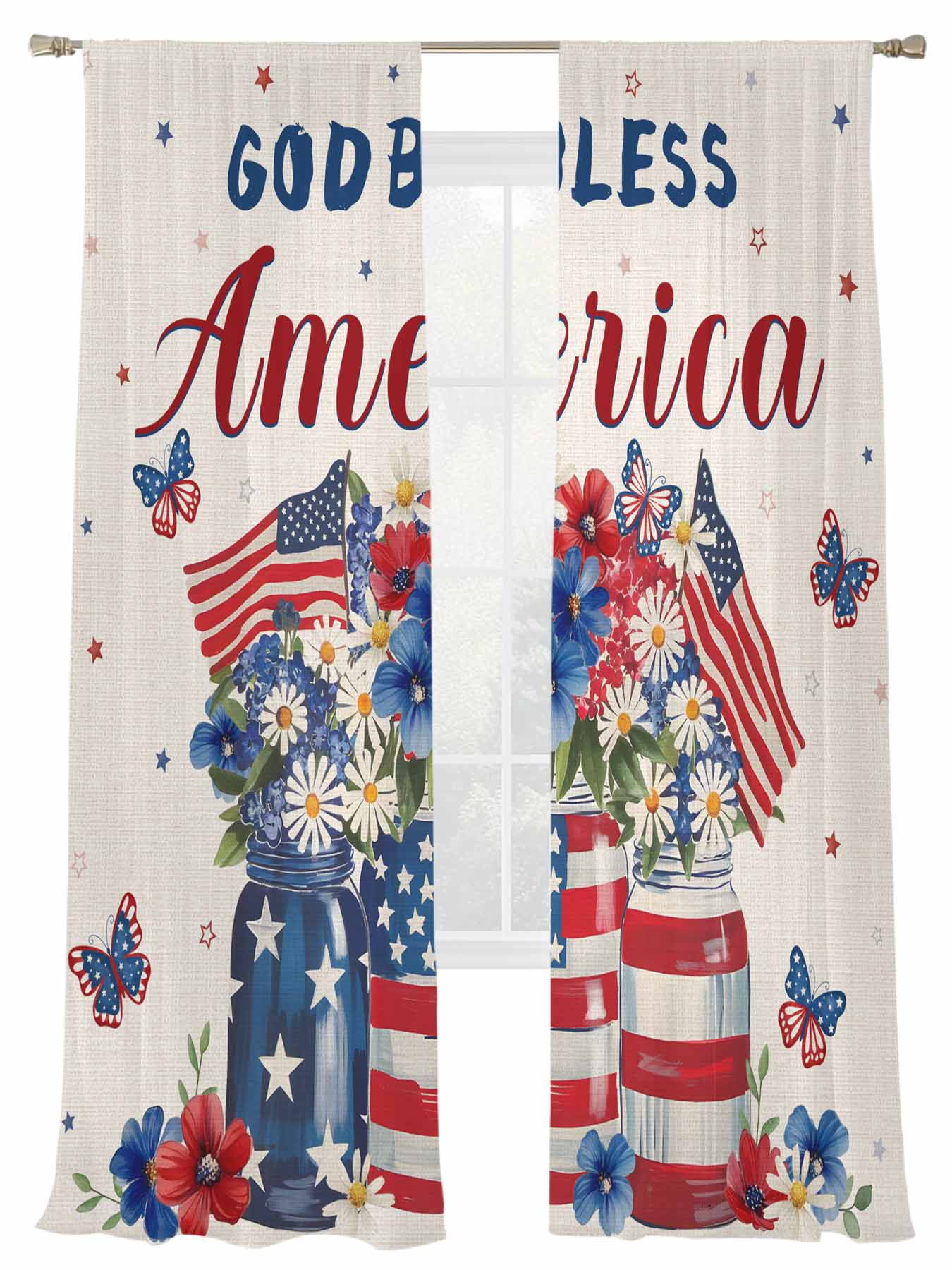 American Flag Sheer Curtains 2 Panels Set Red Blue Flowers Independence ...