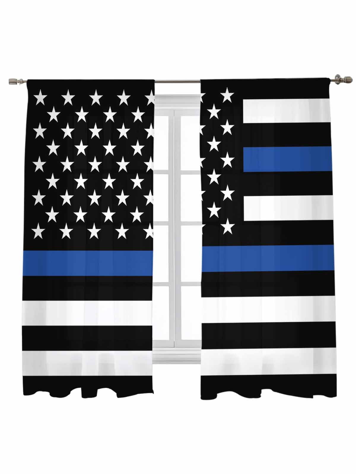 American Flag Sheer Curtains 2 Panels Set Retro USA Flag Blue Line ...