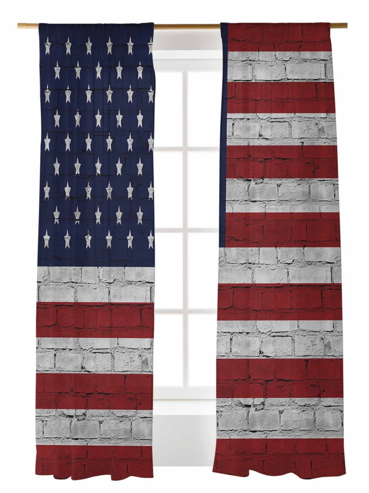 American Flag Sheer Curtains 2 Panels Set Vintage Brick Wall Star Red ...