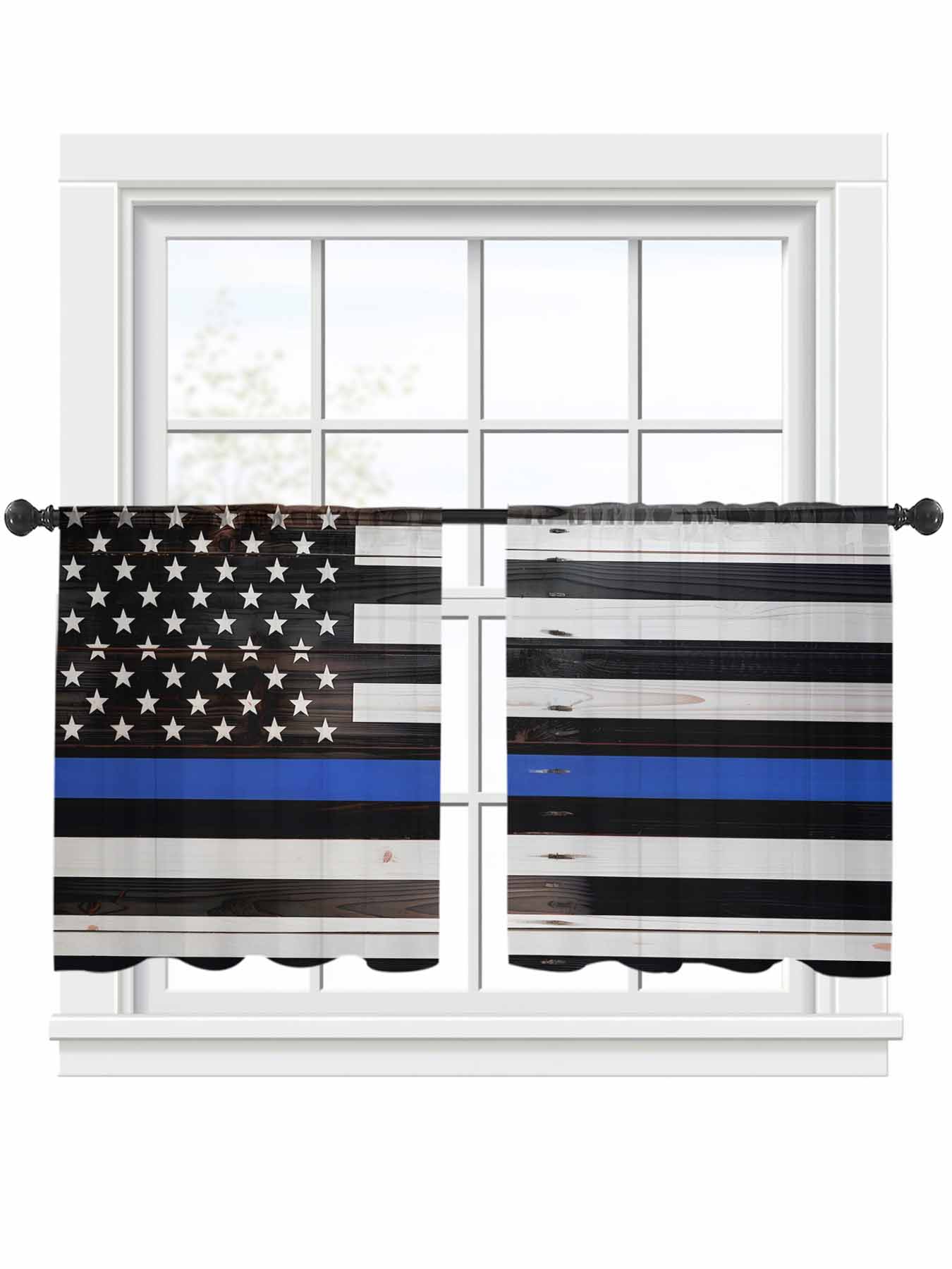American Flag Sheer Curtains 45 Inch Long 2 Panels, Blue Line Star ...