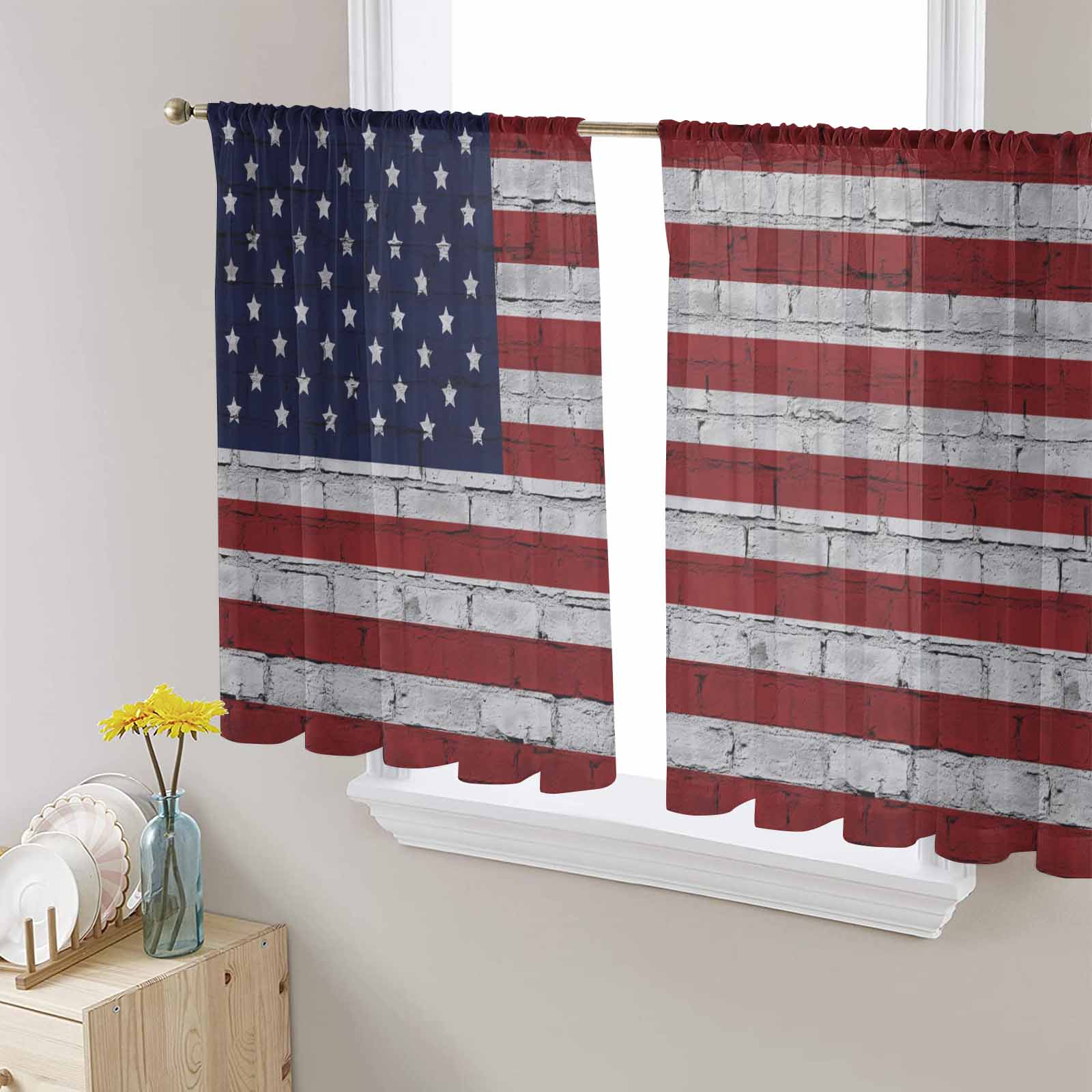 American Flag Sheer Curtains 54 Inch Length 2 Panels Set for Living ...