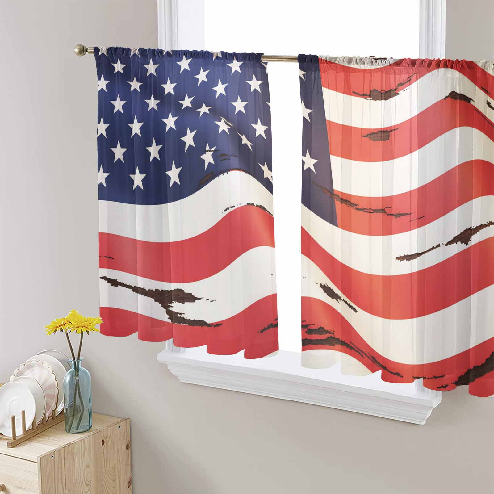 American Flag Sheer Curtains 54 Inches Length 2 Panels Set, Window ...