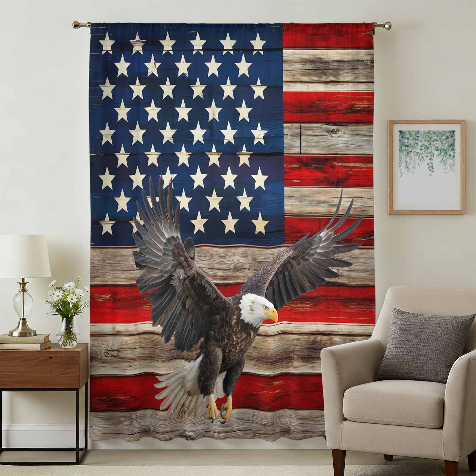 American Flag Sheer Curtains 54 Inches Long, Eagle Blue Red USA Flag ...