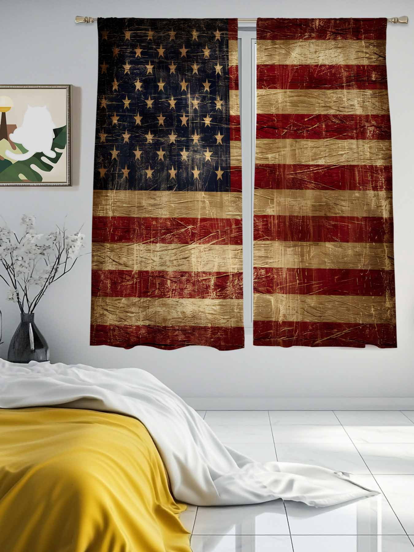 American Flag Sheer Curtains 63 Inches Long 2 Panels, Semi Sheer Rod ...