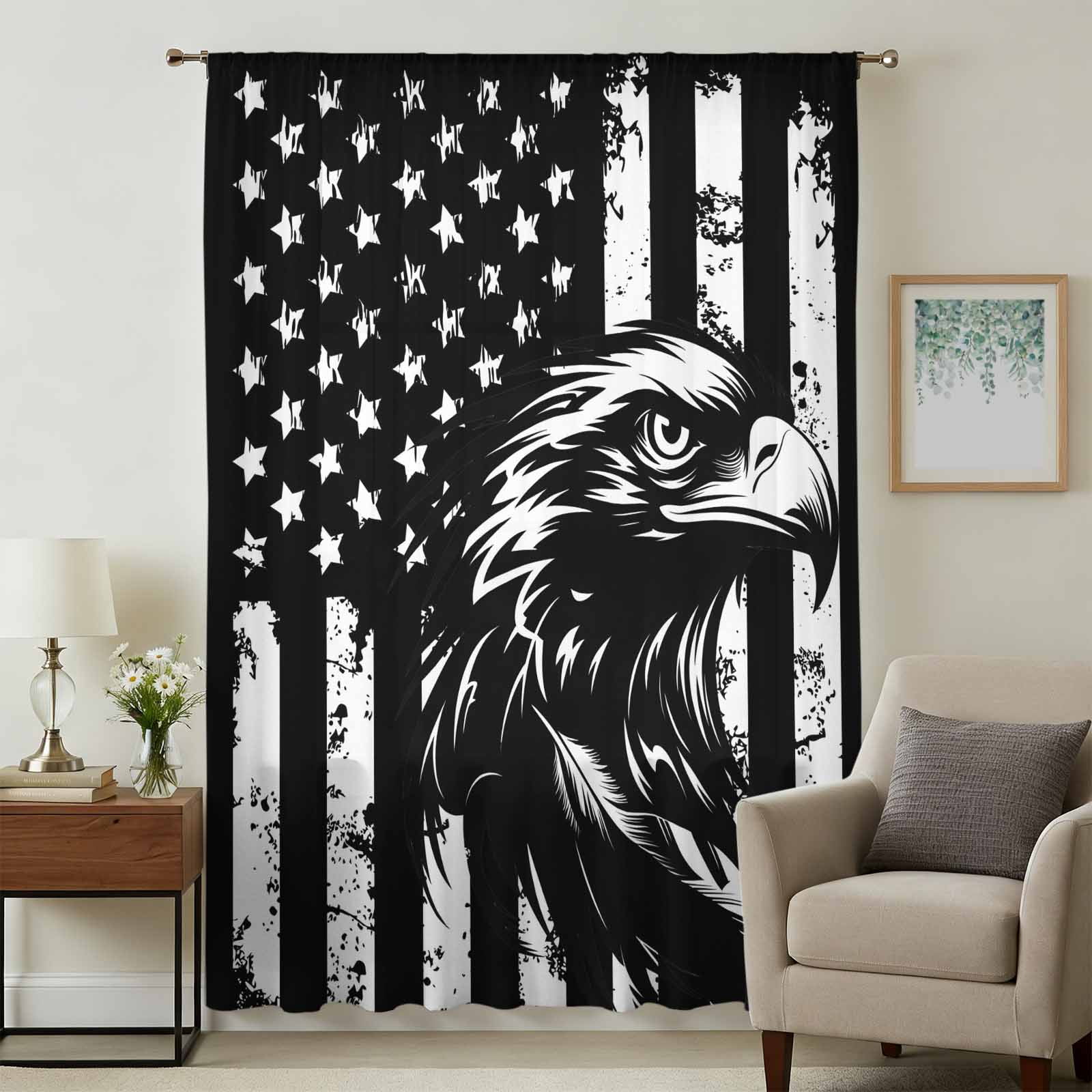 American Flag Sheer Curtains 63 Inches Long, Black US Flag Eagle Light ...