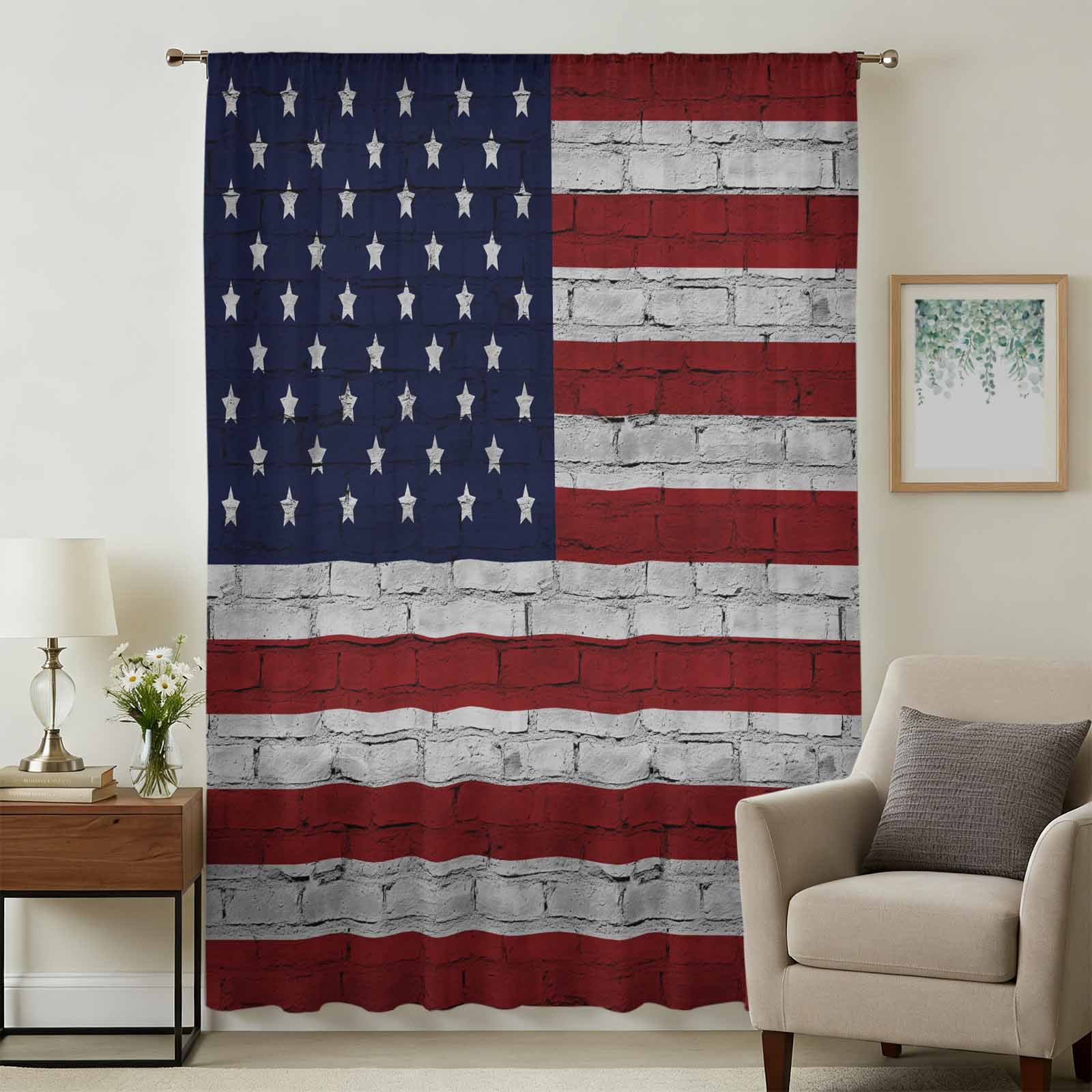 American Flag Sheer Curtains 63 Inches Long, Vintage Brick Wall Star ...