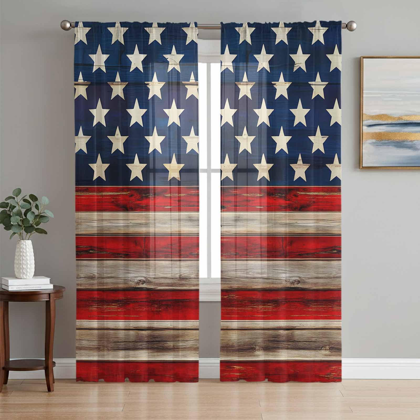 American Flag Sheer Curtains 72 Inch Length 2 Panels Set, Vintage USA ...