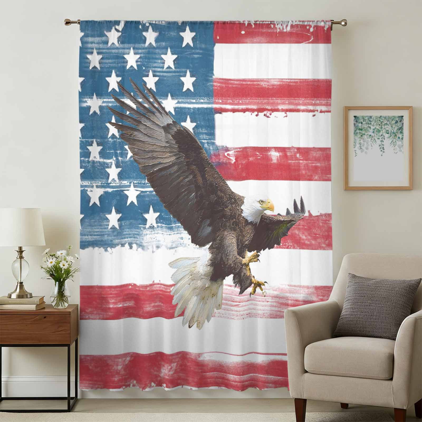 American Flag Sheer Curtains 72 Inches Long, Eagle Watercolor USA Flag ...